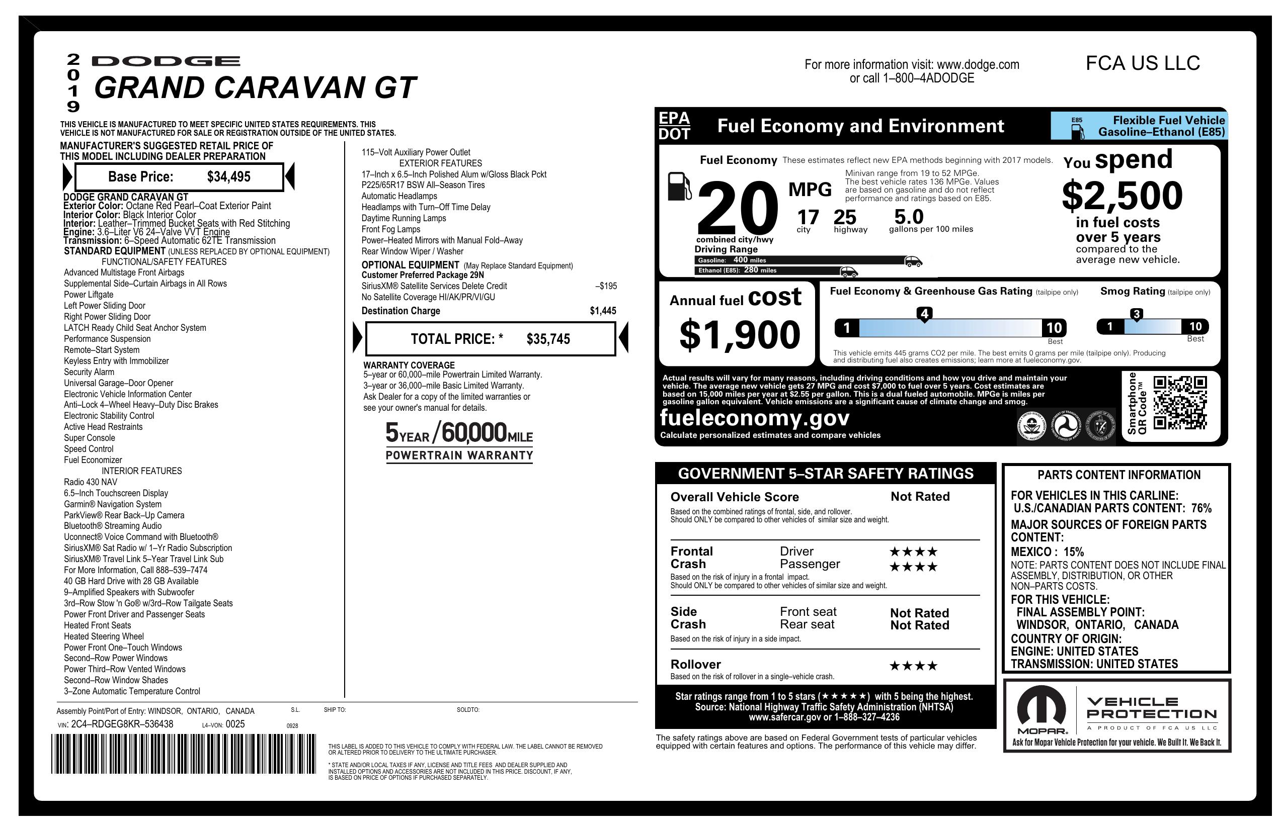 Window Sticker for 2019 Dodge Grand Caravan Gt Wagon