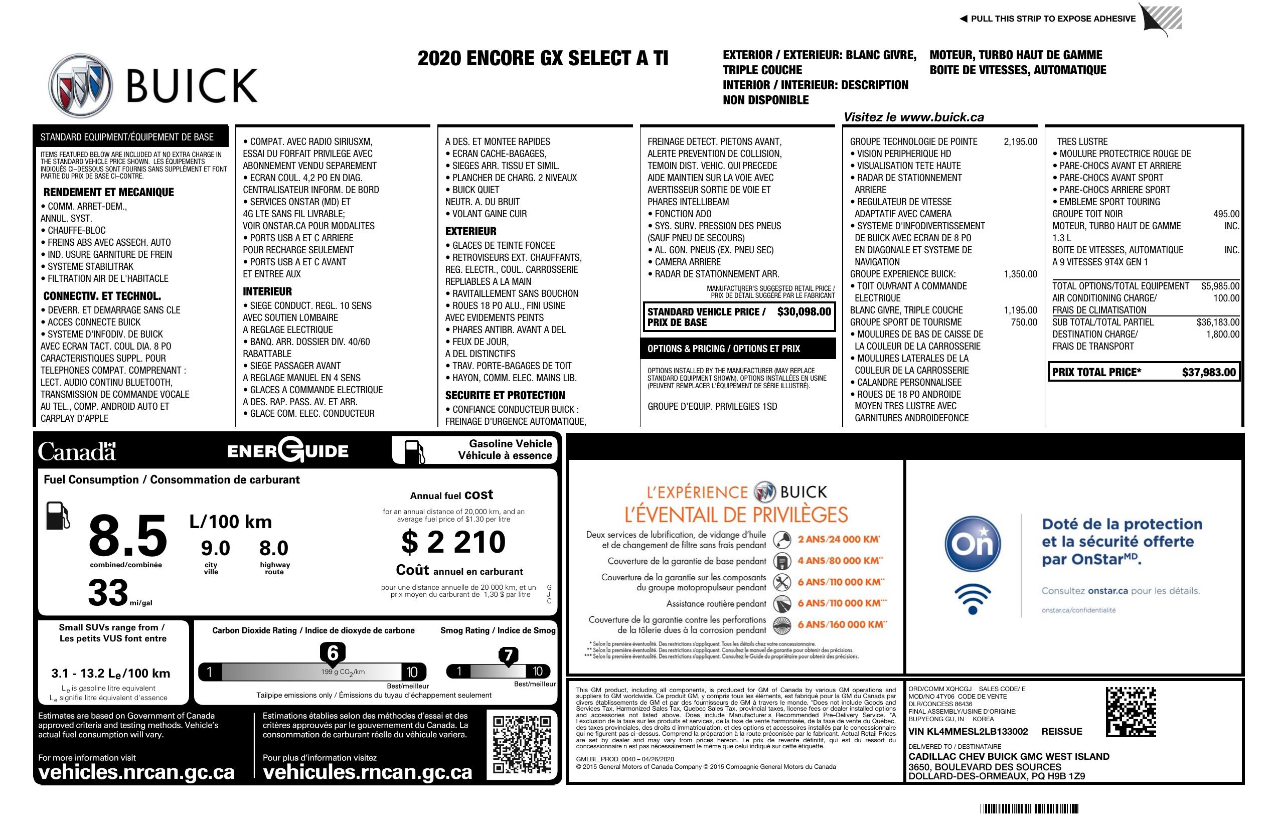 Window Sticker for 2020 Buick Encore Gx Awd 4dr Select