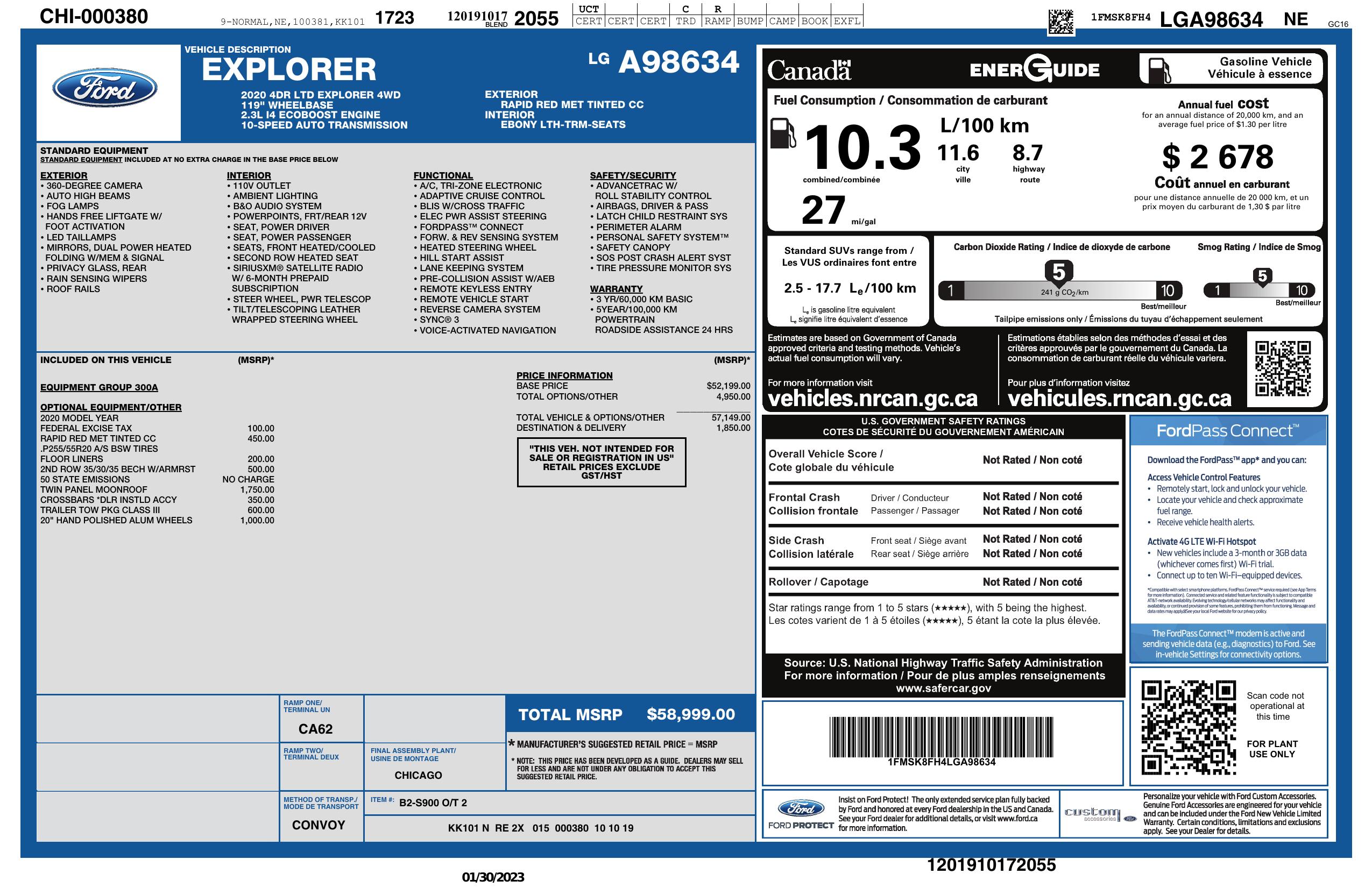 Window Sticker for 2020 Ford Explorer Limited 4 Wd