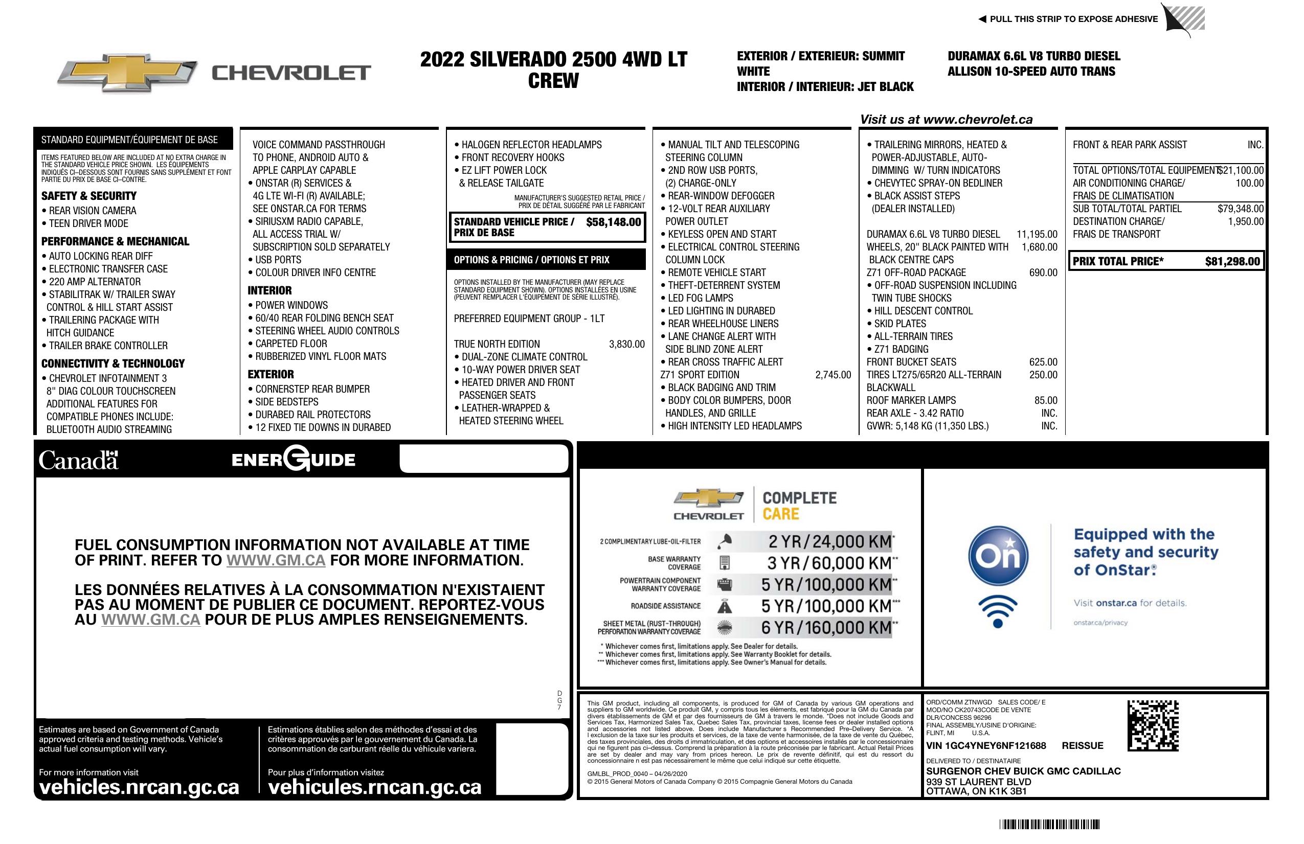 Window Sticker for 2022 Chevrolet Silverado 2500 Hd 4 Wd Crew Cab Lt