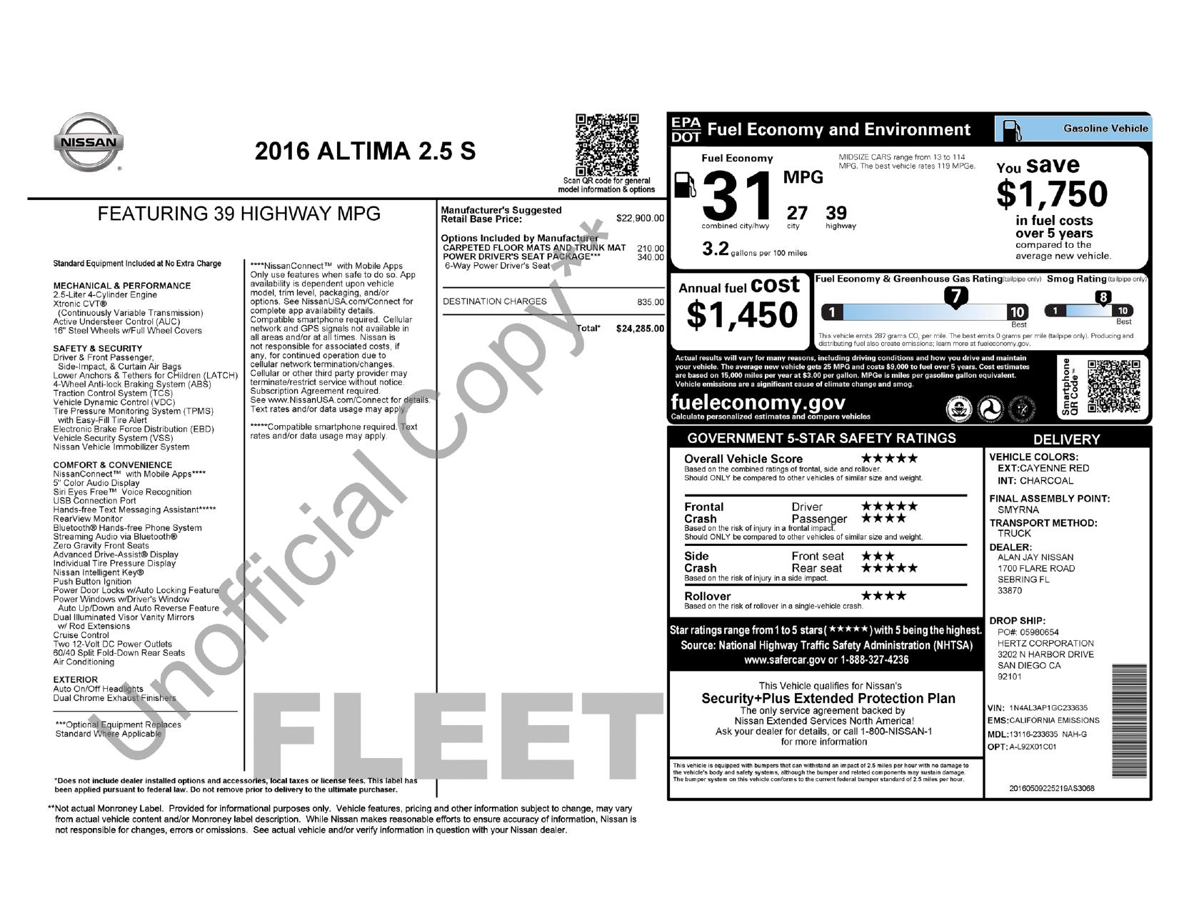 Window Sticker for 2016 Nissan Altima 4dr Sdn I4 2.5