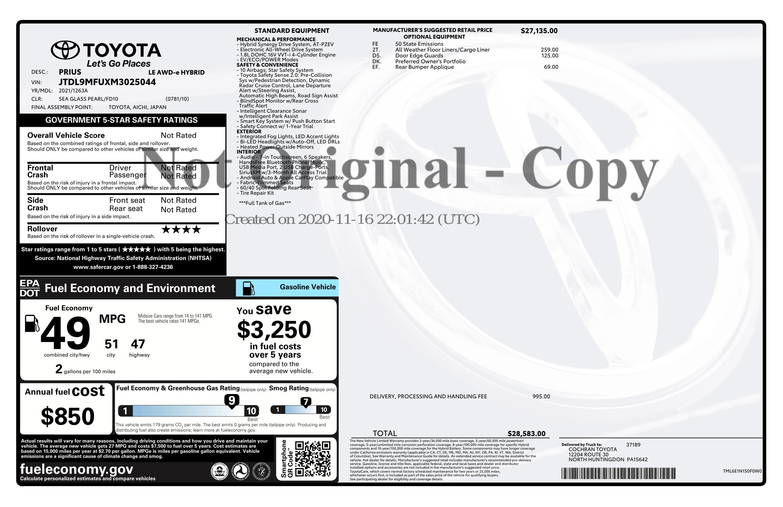 Window Sticker for 2021 Toyota Prius Awd E (Natl)