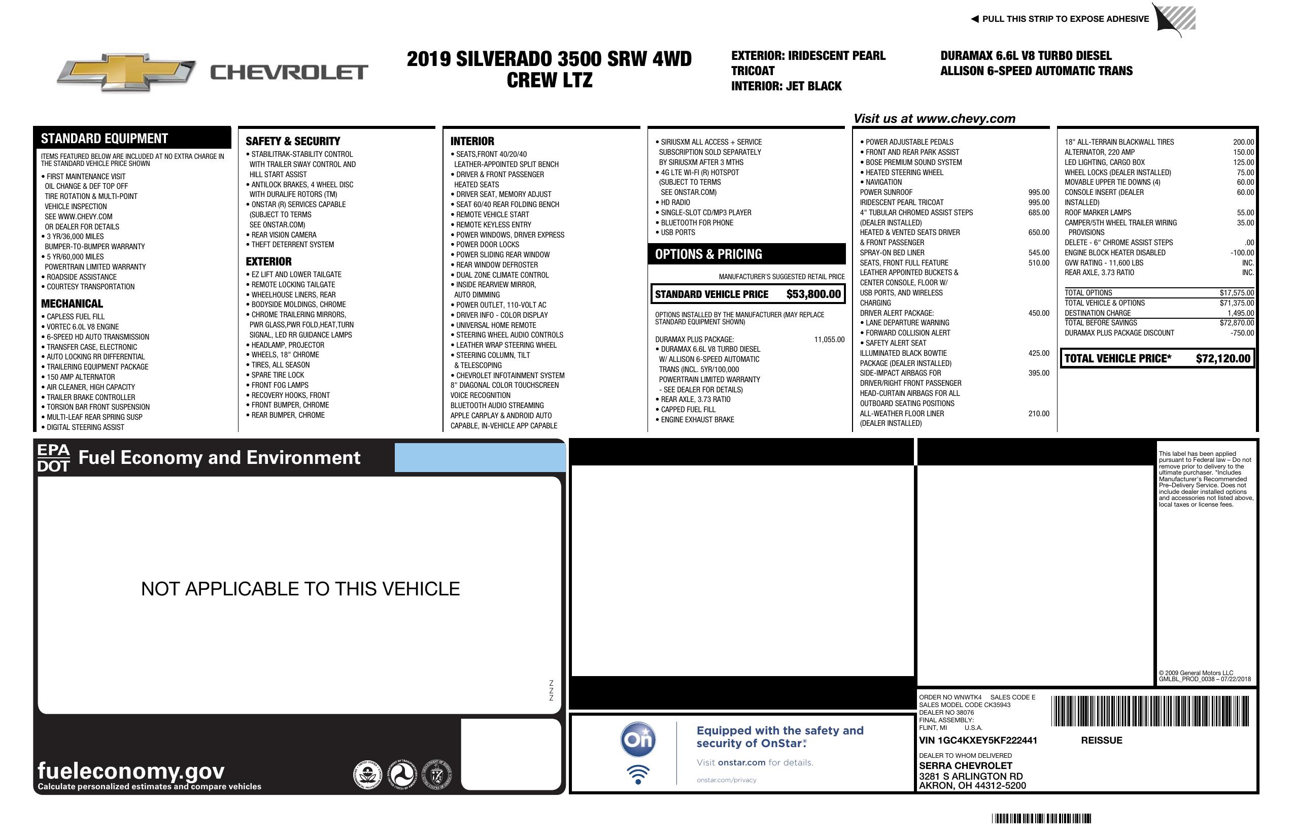 Window Sticker for 2019 Chevrolet Silverado 3500 Hd 4 Wd Crew Cab 167.7 ...