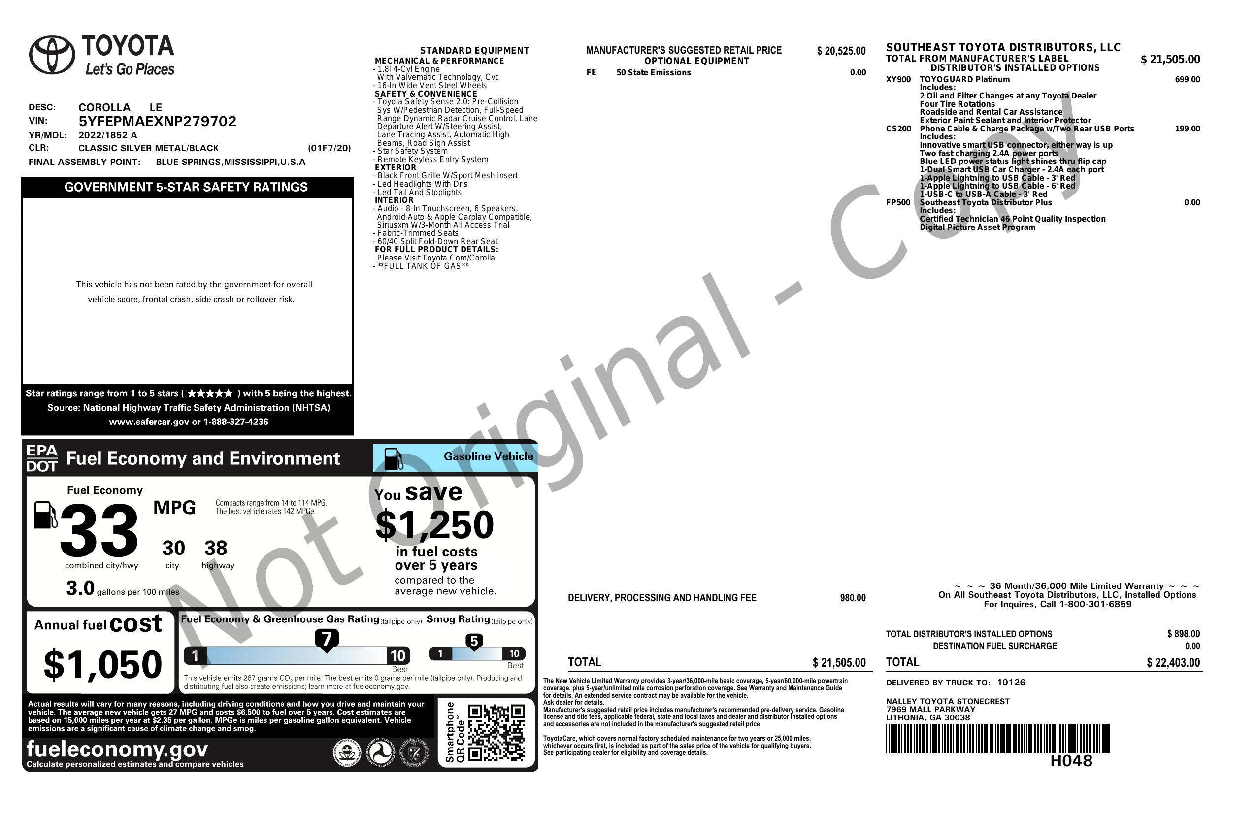 Window Sticker for 2022 Toyota Corolla Le Cvt (Natl)