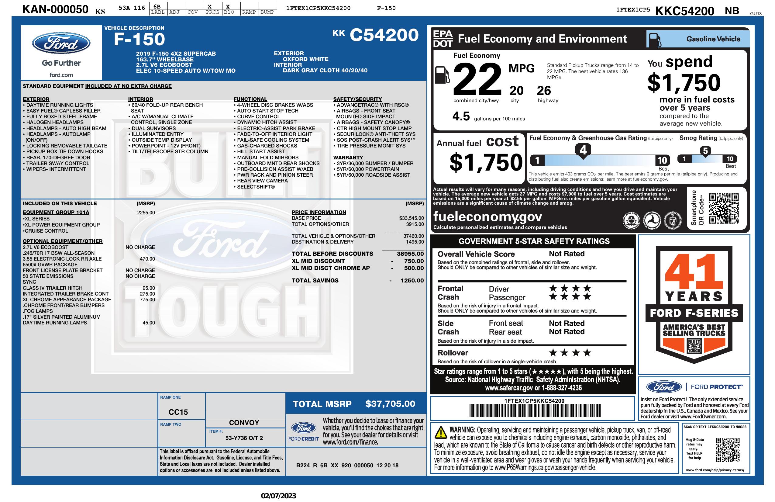 Window Sticker for 2019 Ford F 150 2 Wd Super Cab Box