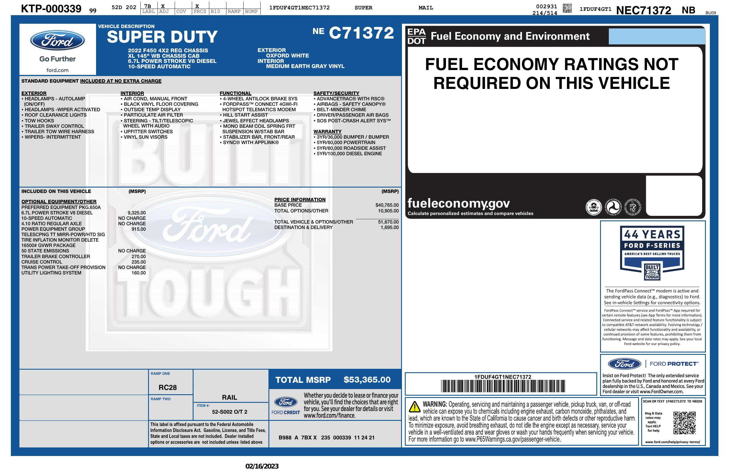 Window Sticker for 2022 Ford Super Duty F 450 Drw 2 Wd Reg Cab Wb Ca