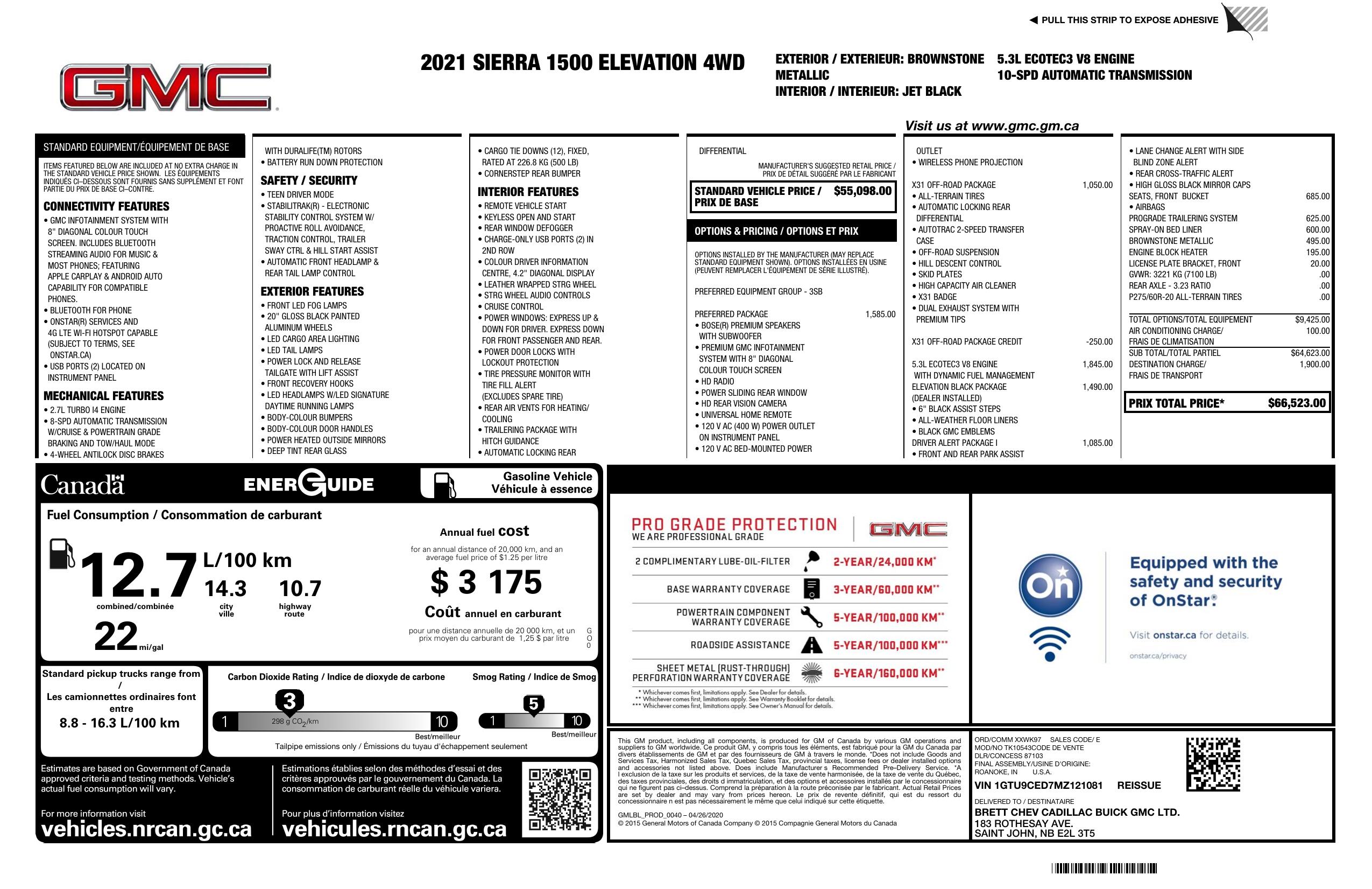 Window Sticker for 2021 GMC Sierra 1500 4 Wd Crew Cab Elevation