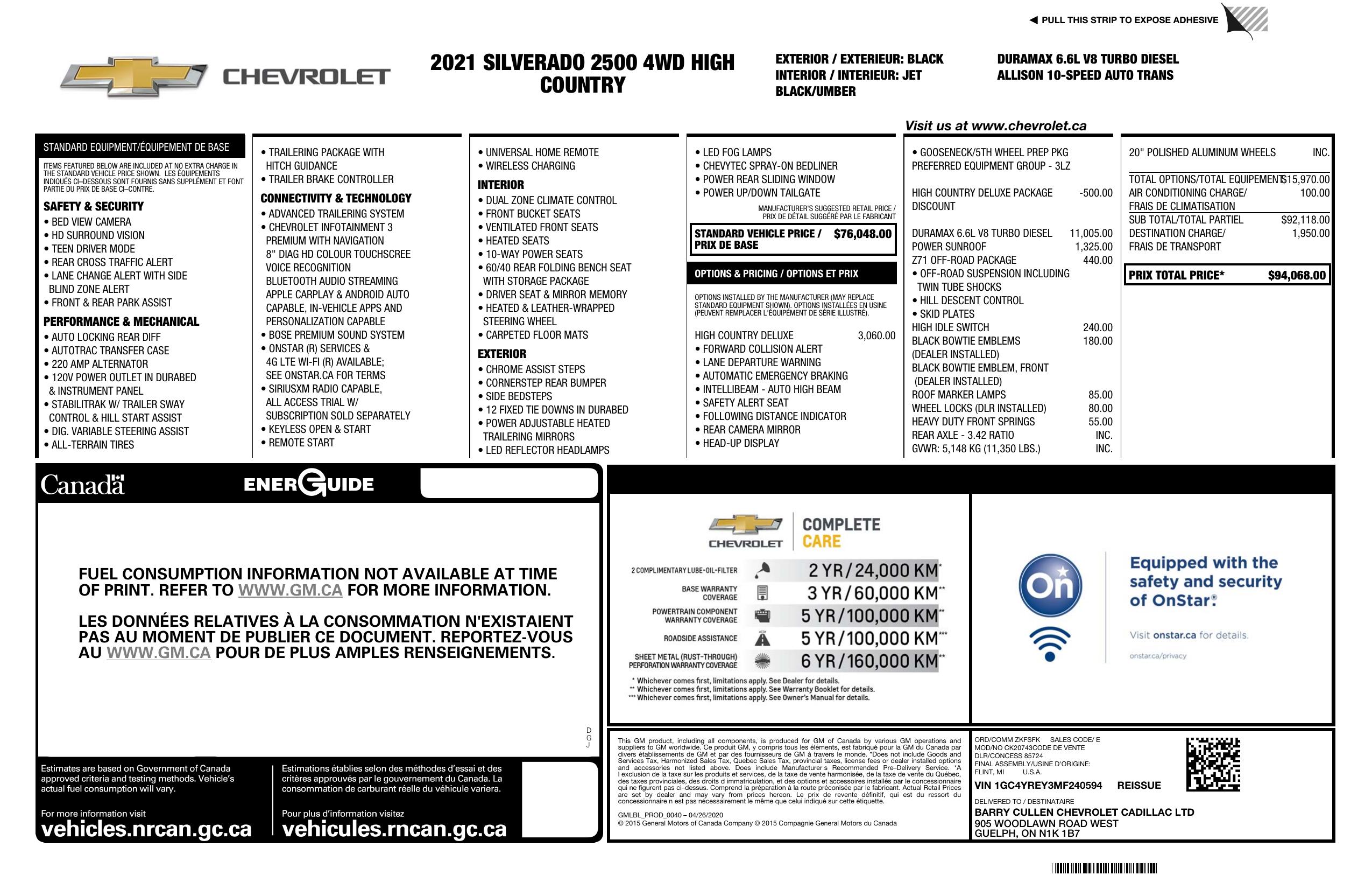 Window Sticker for 2021 Chevrolet Silverado 2500 Hd 4 Wd Crew Cab High ...