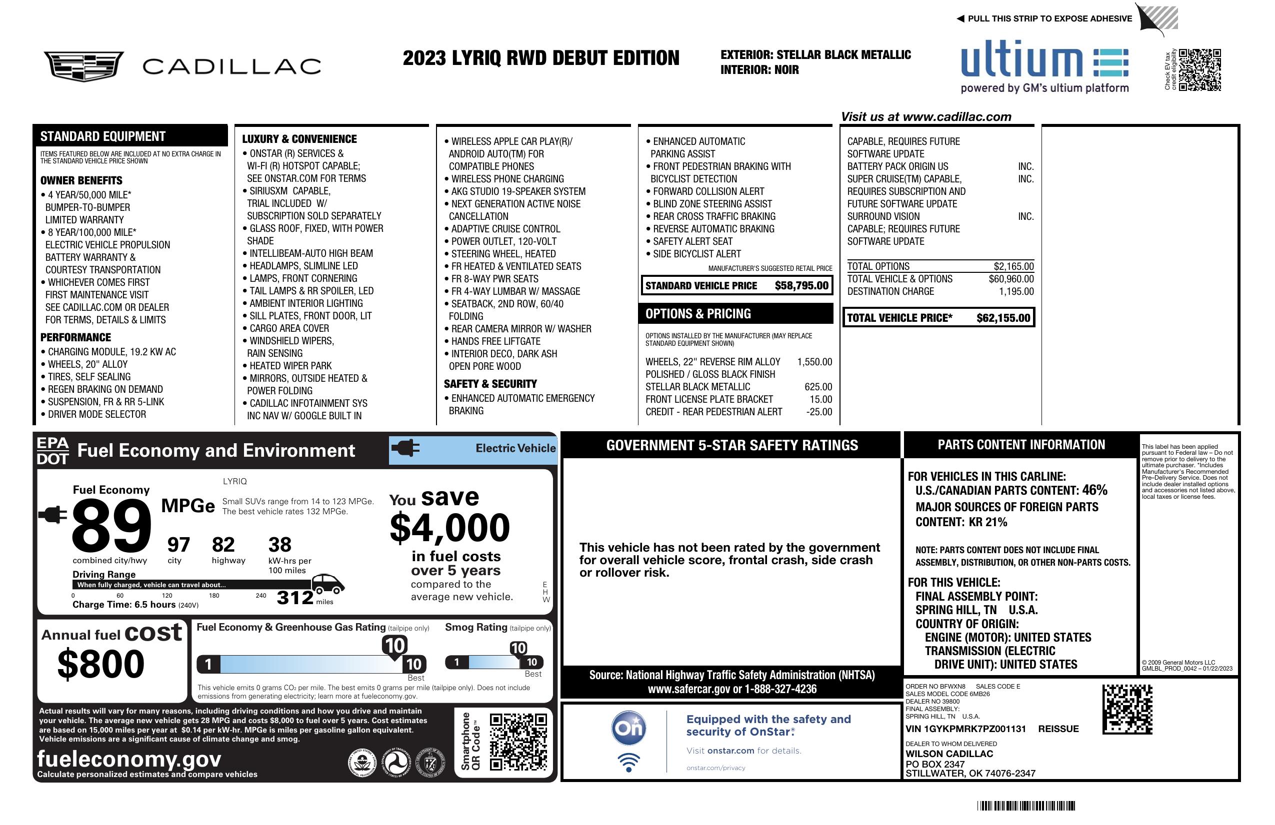 Window Sticker for 2023 Cadillac Lyriq Rwd 4dr Luxury