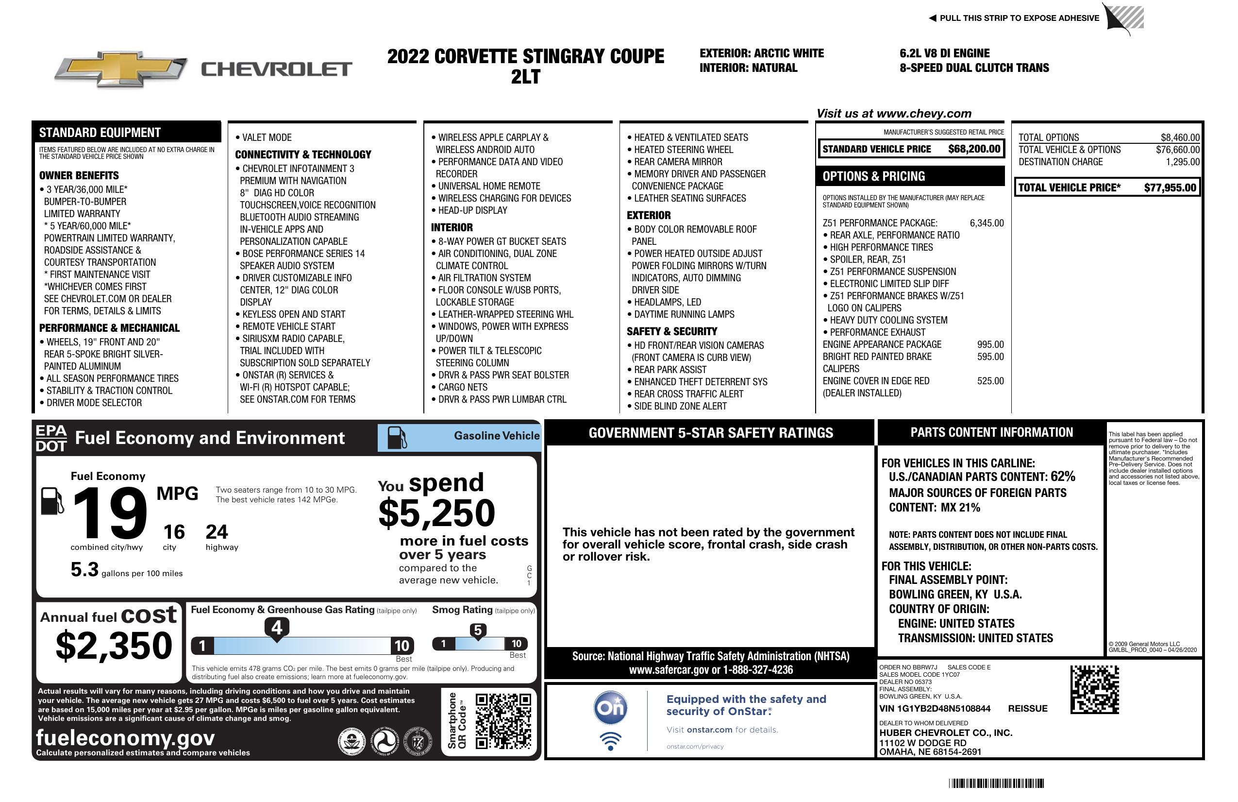 Window Sticker for 2022 Chevrolet Corvette 2dr Stingray Cpe W/2 Lt