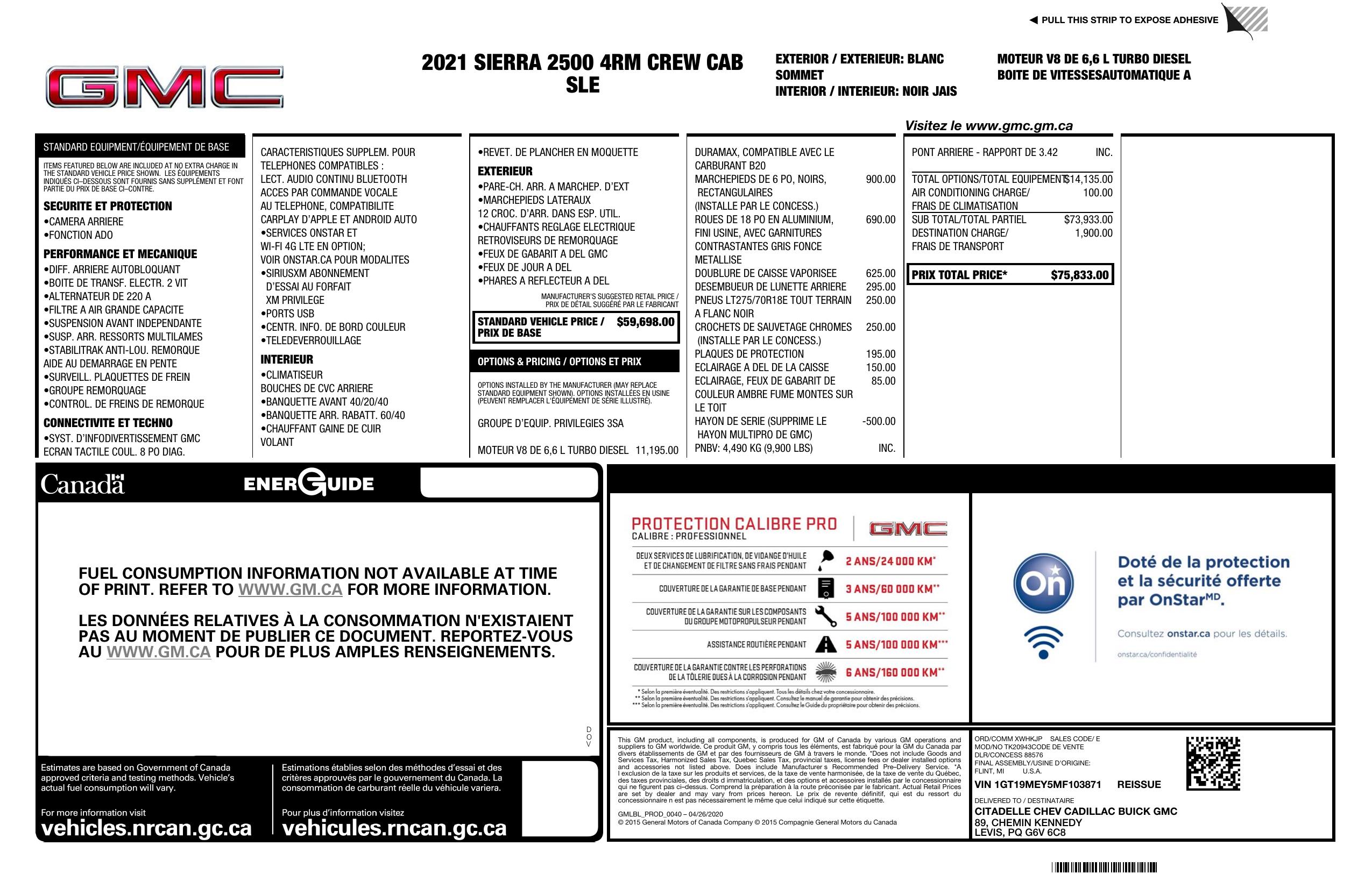 Window Sticker for 2021 GMC Sierra 2500 Hd 4 Wd Crew Cab Sle