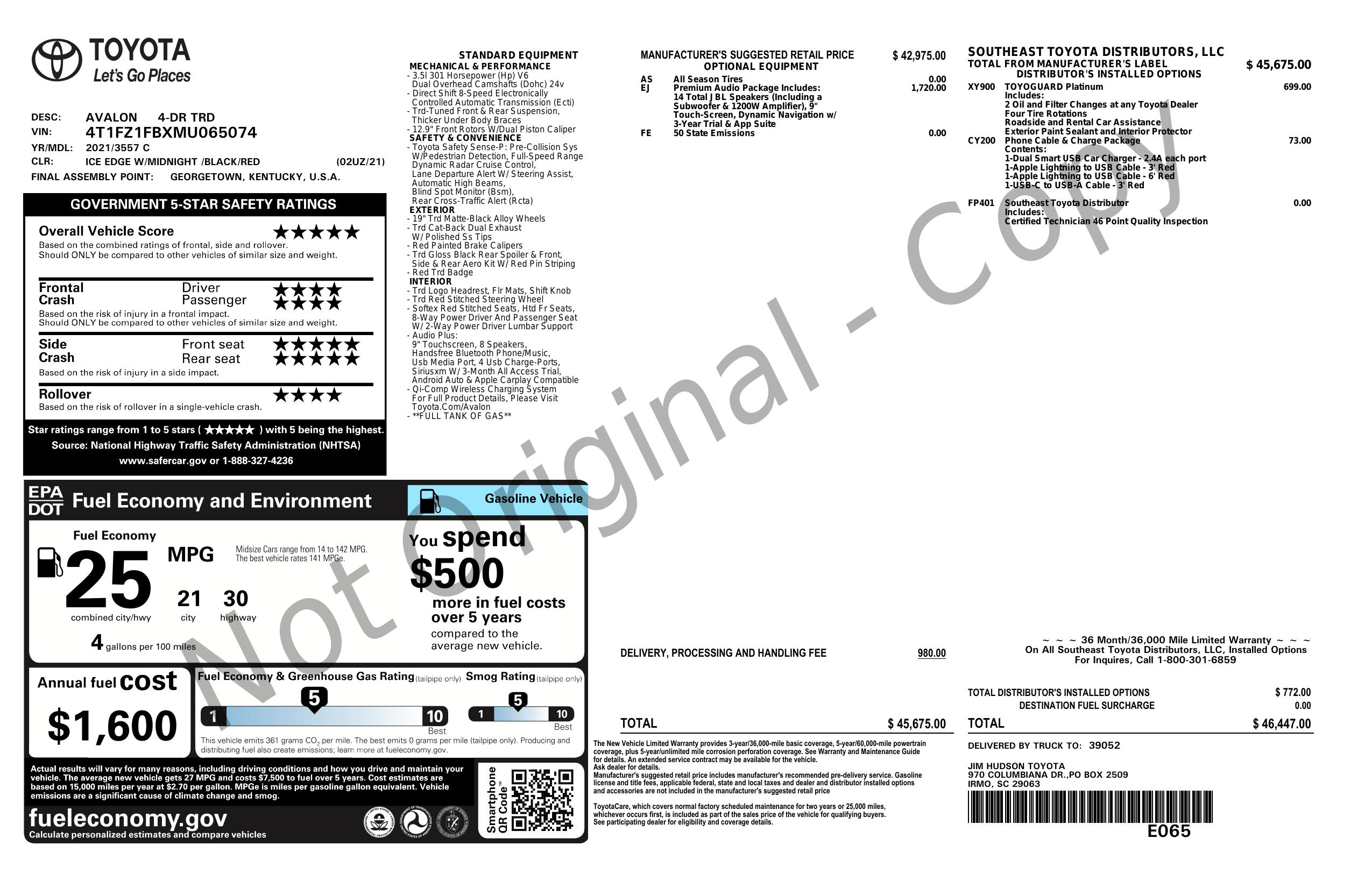 Window Sticker for 2021 Toyota Avalon Trd Fwd (Natl)