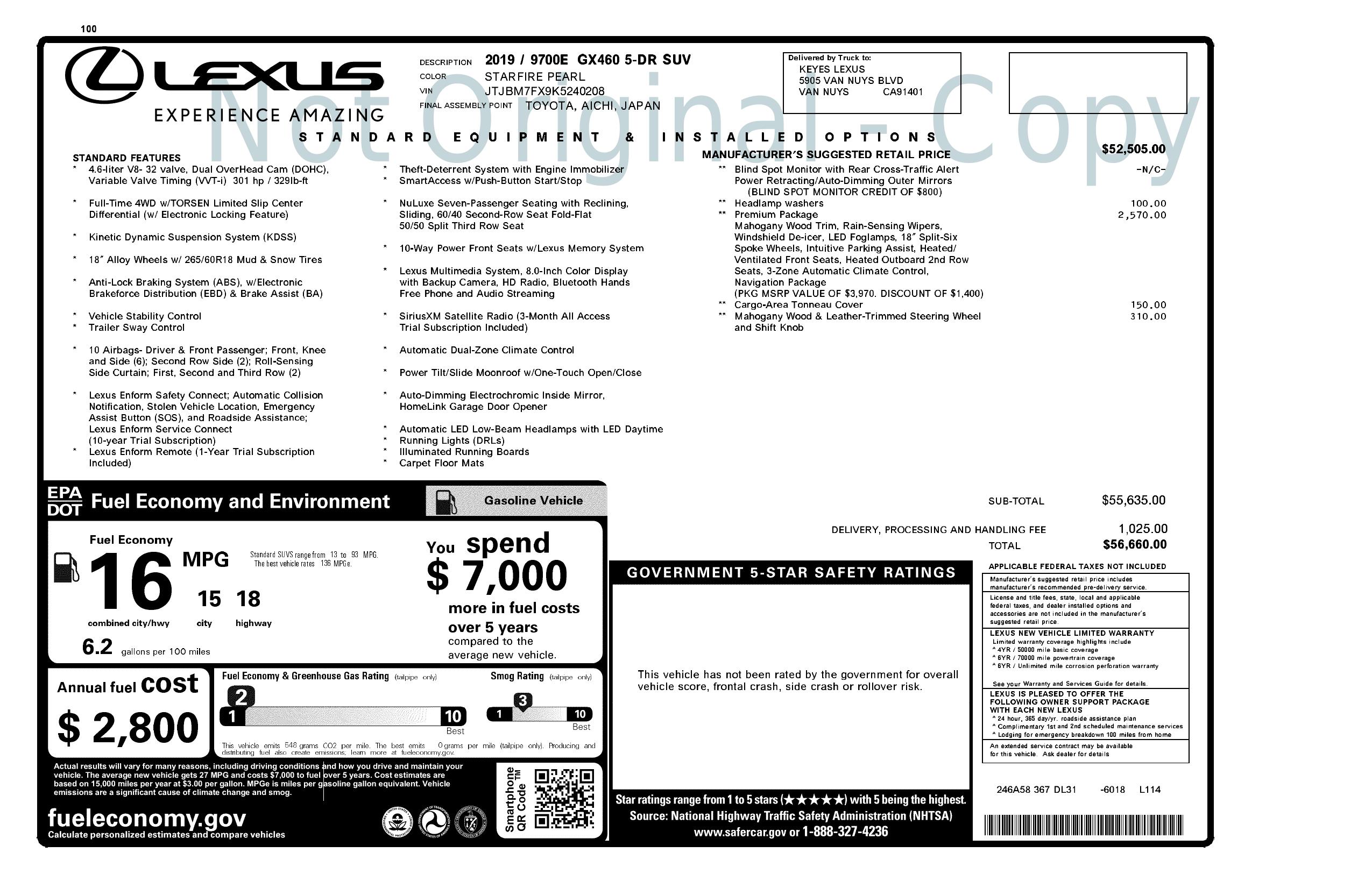 Window Sticker for 2019 Lexus Gx Gx 460 4 Wd