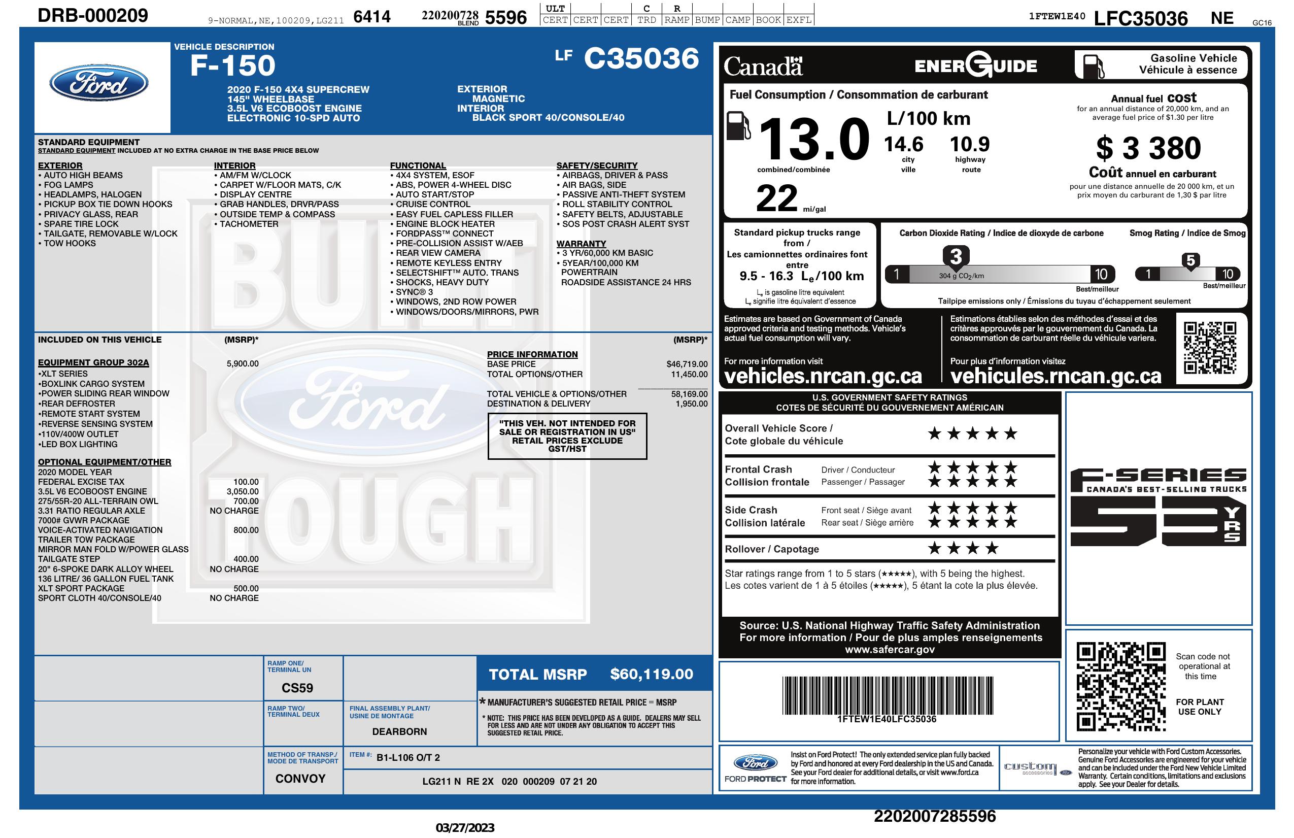 Window Sticker for 2020 Ford F 150 4 Wd Super Crew Box