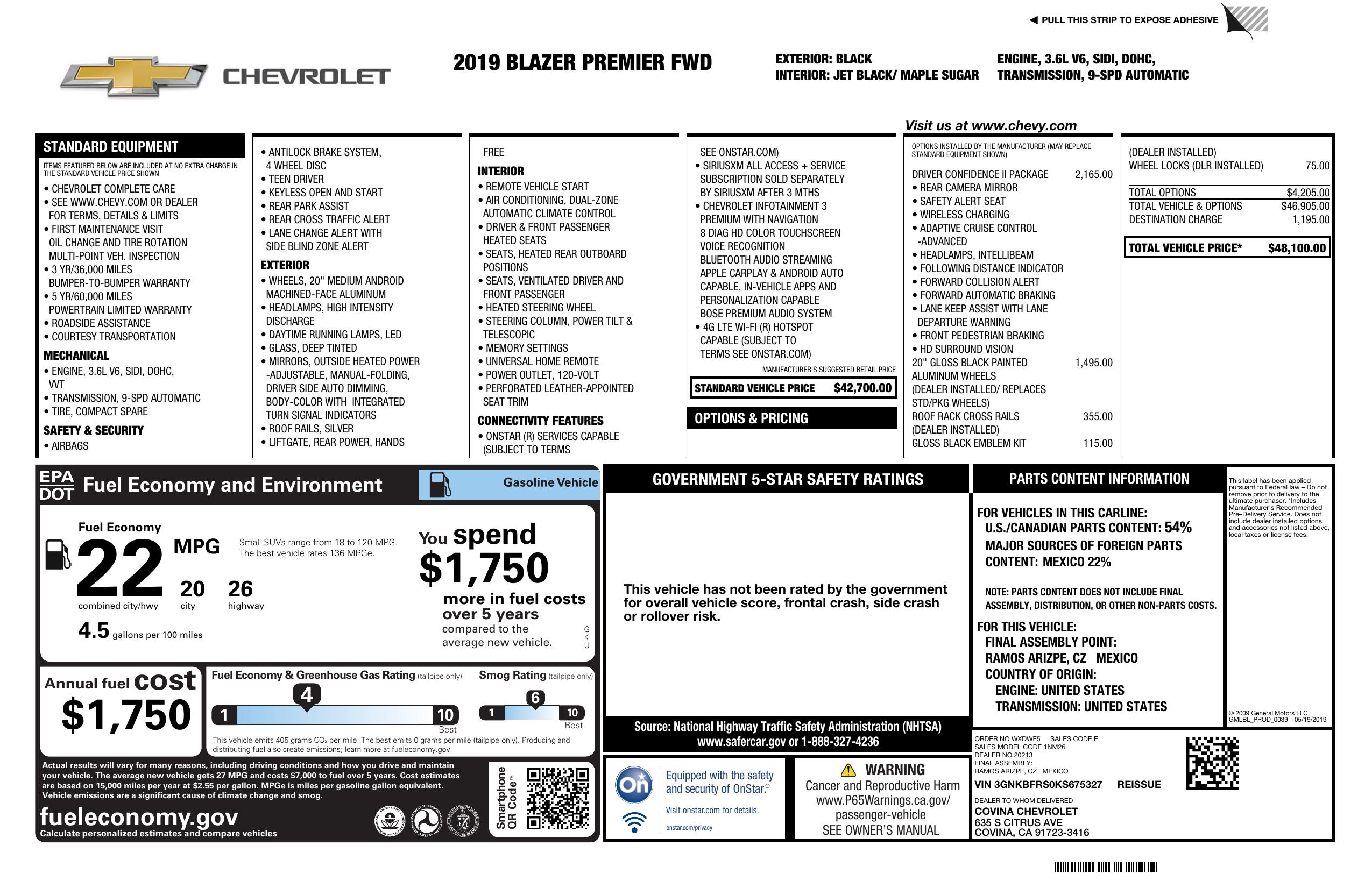 Window Sticker for 2019 Chevrolet Blazer Fwd 4dr Premier