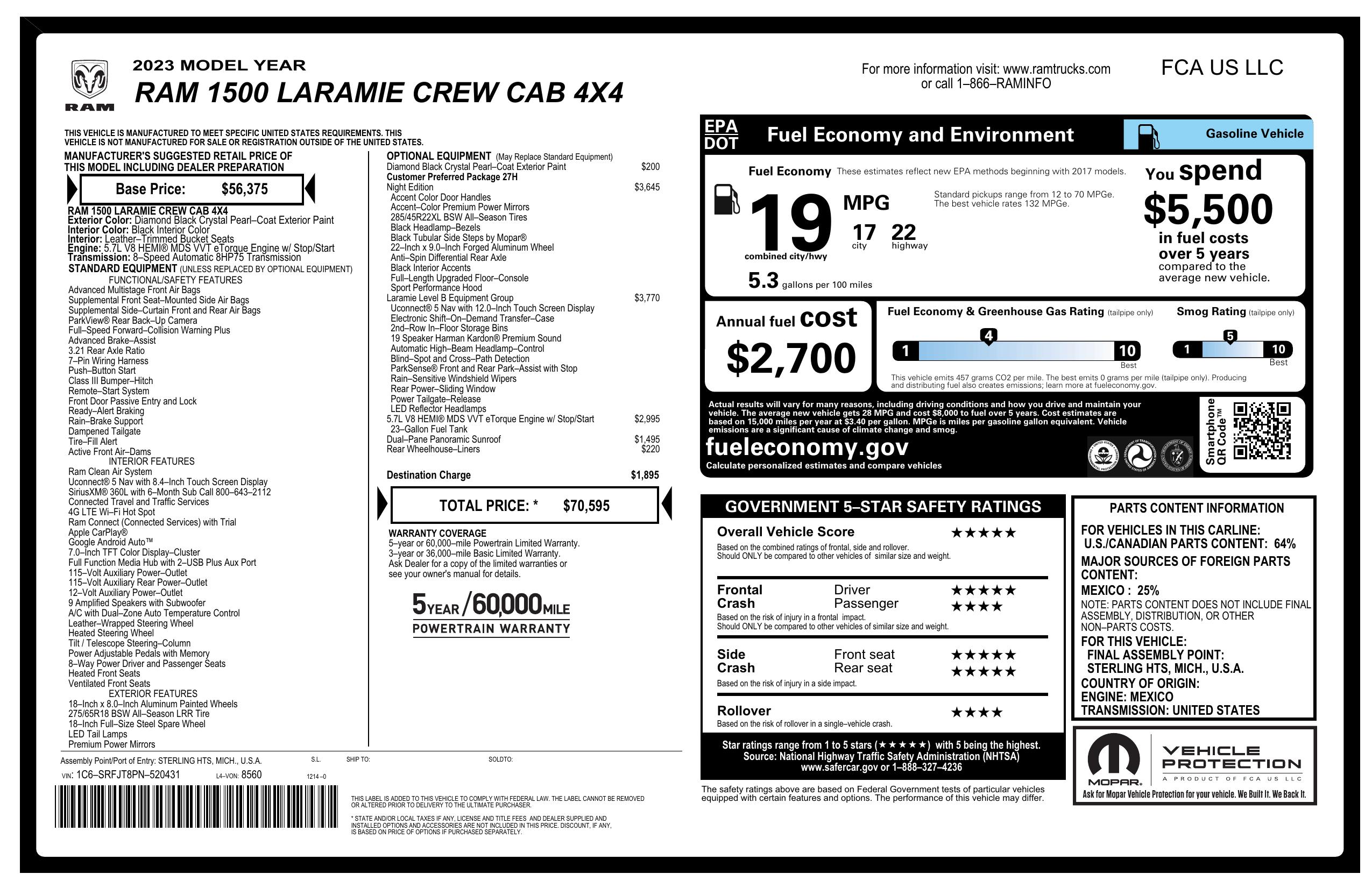 Window Sticker for 2023 Ram 1500 Laramie 4x4 Crew Cab 5'7" Box