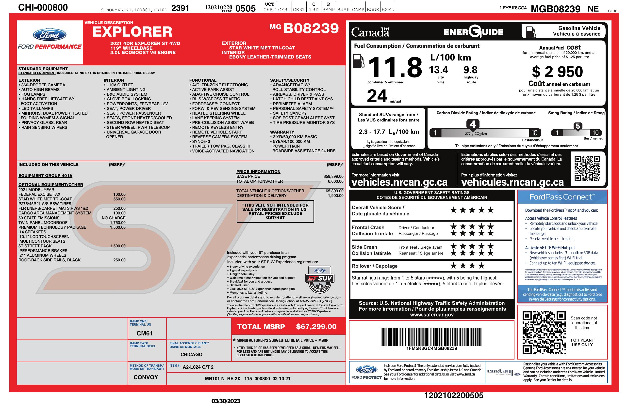 Window Sticker for 2021 Ford Explorer St 4 Wd