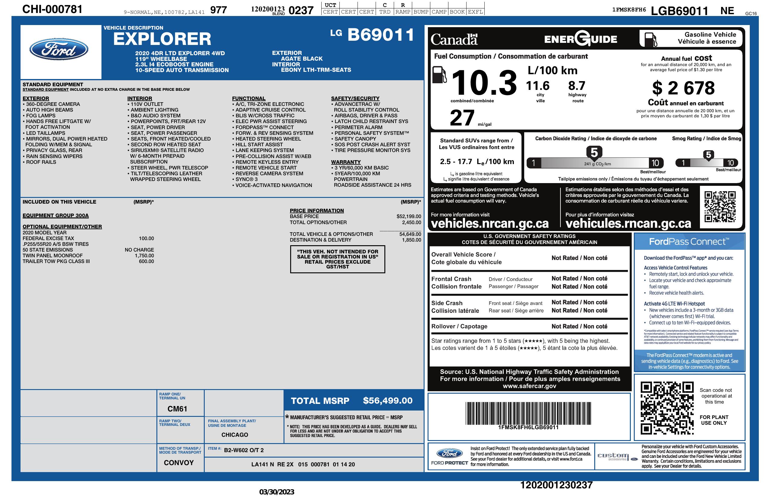 Window Sticker for 2020 Ford Explorer Limited 4 Wd