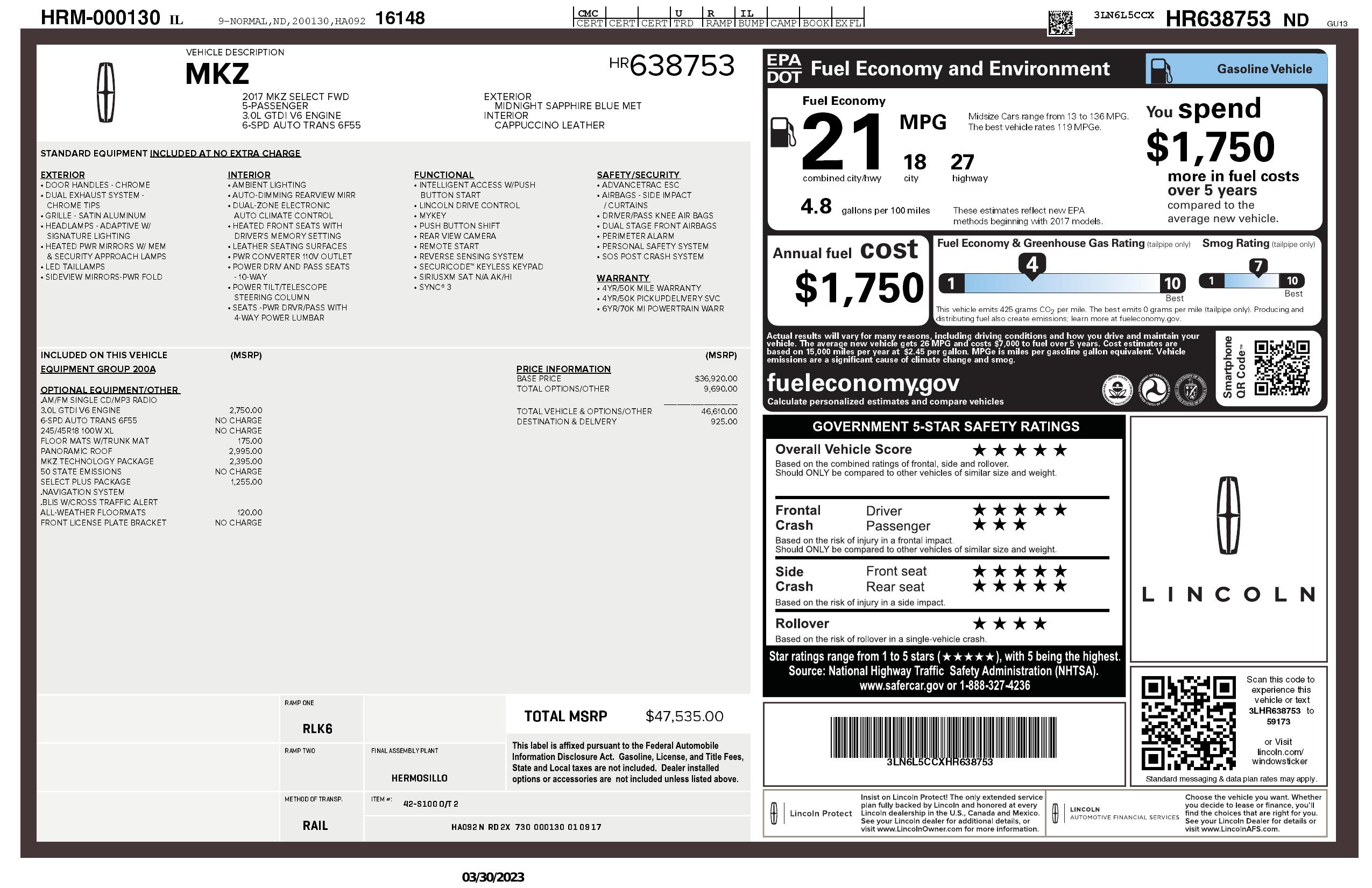 Window Sticker for 2017 Lincoln Mkz Select Fwd