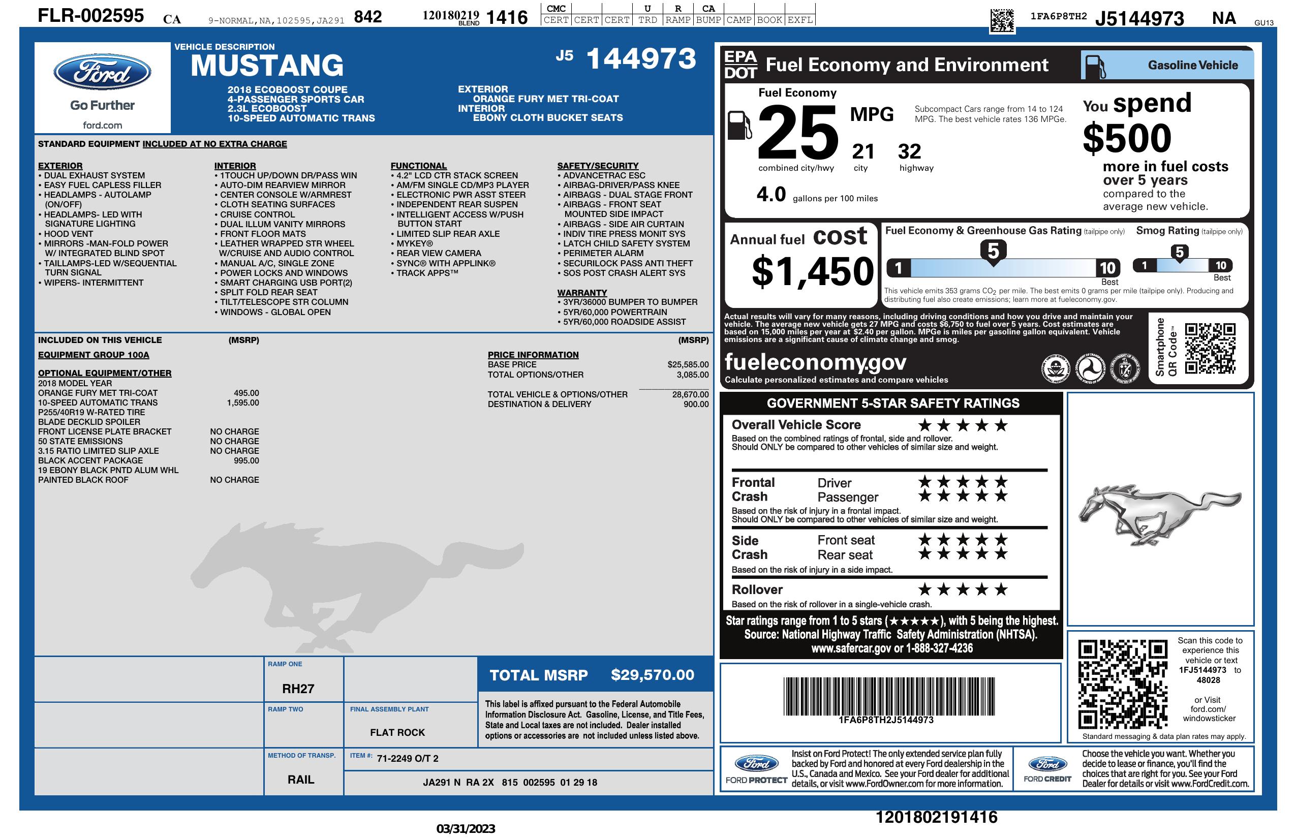 Window Sticker for 2018 Ford Mustang Eco Boost Fastback