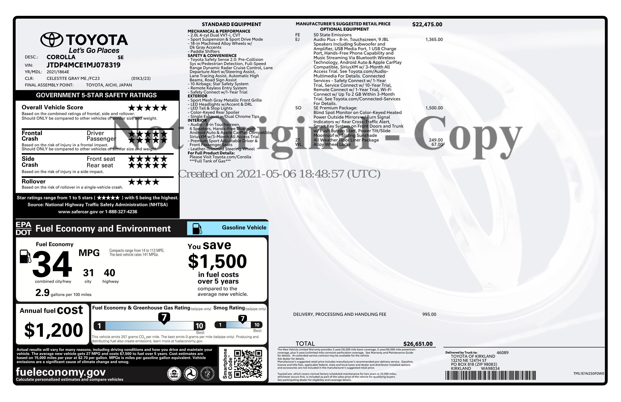 Window Sticker for 2021 Toyota Corolla Se Cvt (Natl)