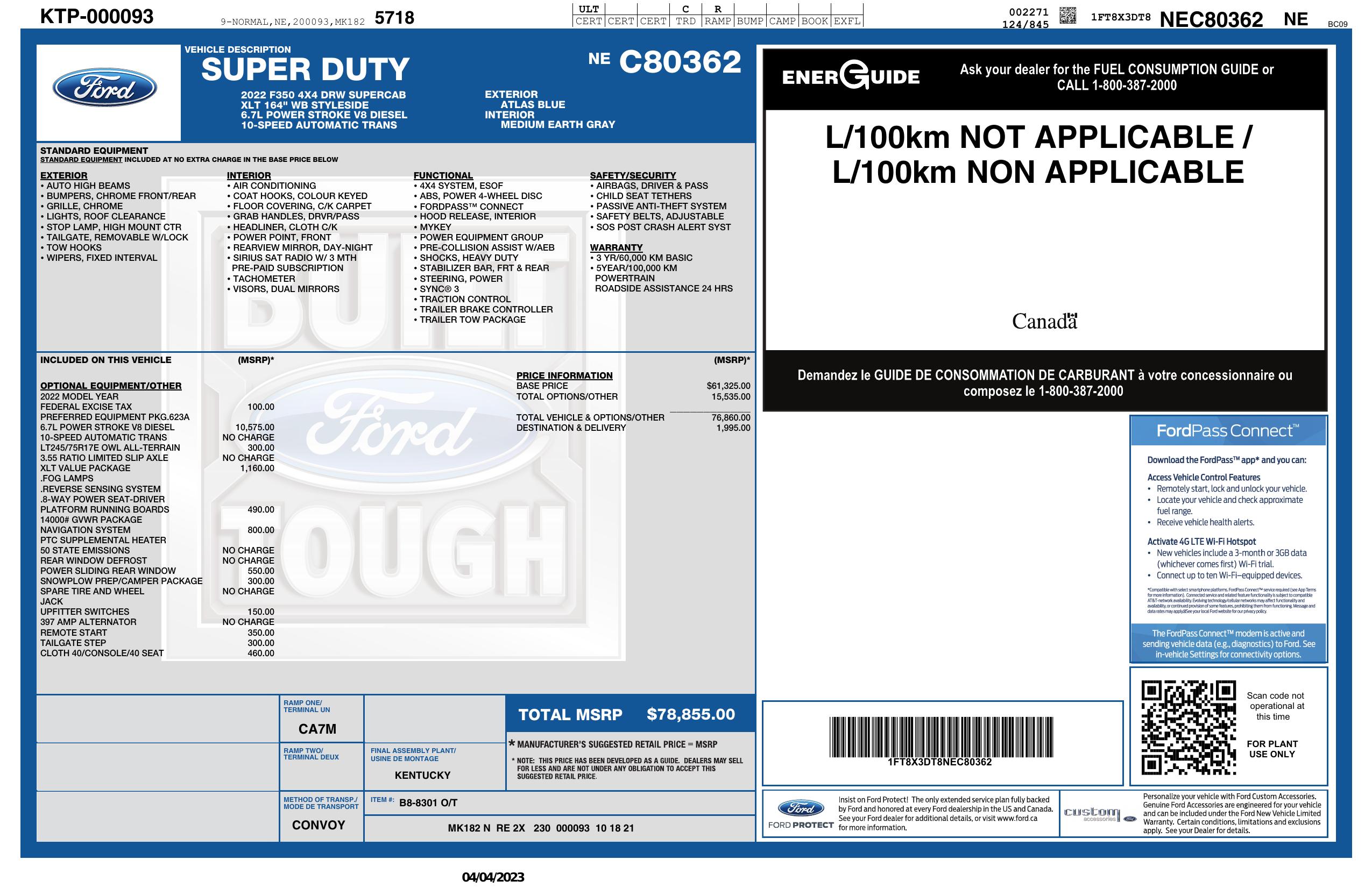 Window Sticker for 2022 Ford Super Duty F 350 Drw 4 Wd Super Cab 8' Box