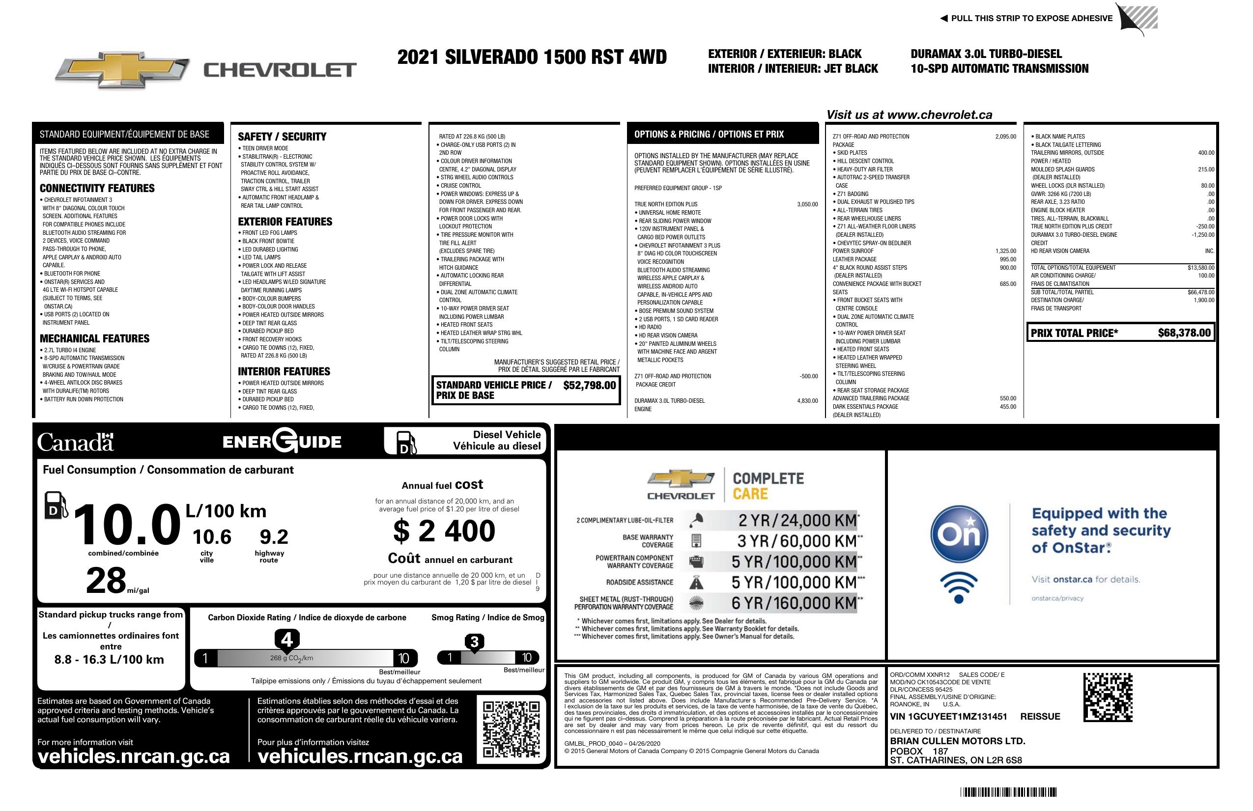 Window Sticker for 2021 Chevrolet Silverado 1500 4 Wd Crew Cab Rst