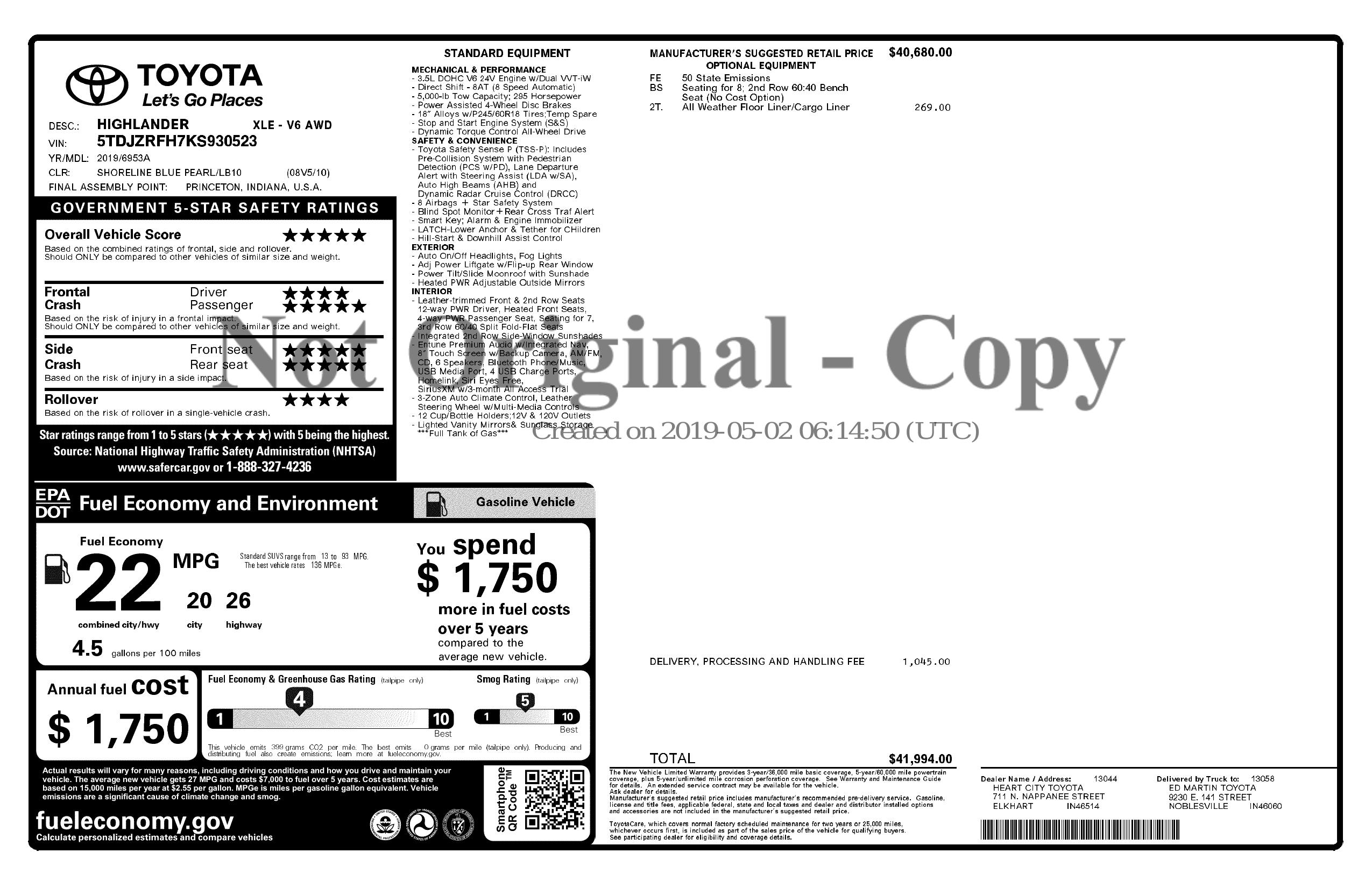 Window Sticker for 2019 Toyota Highlander V6 Awd (Natl)