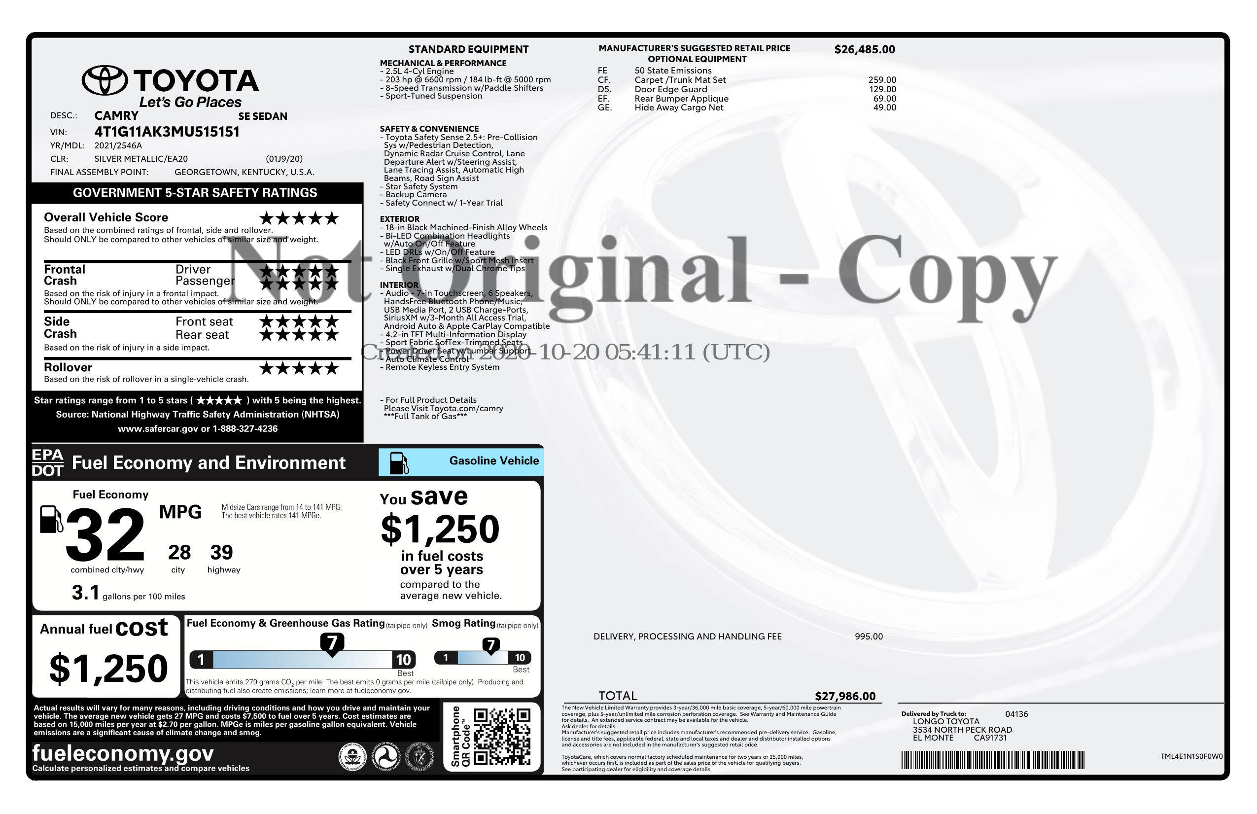 Window Sticker for 2021 Toyota Camry Se Auto (Natl)