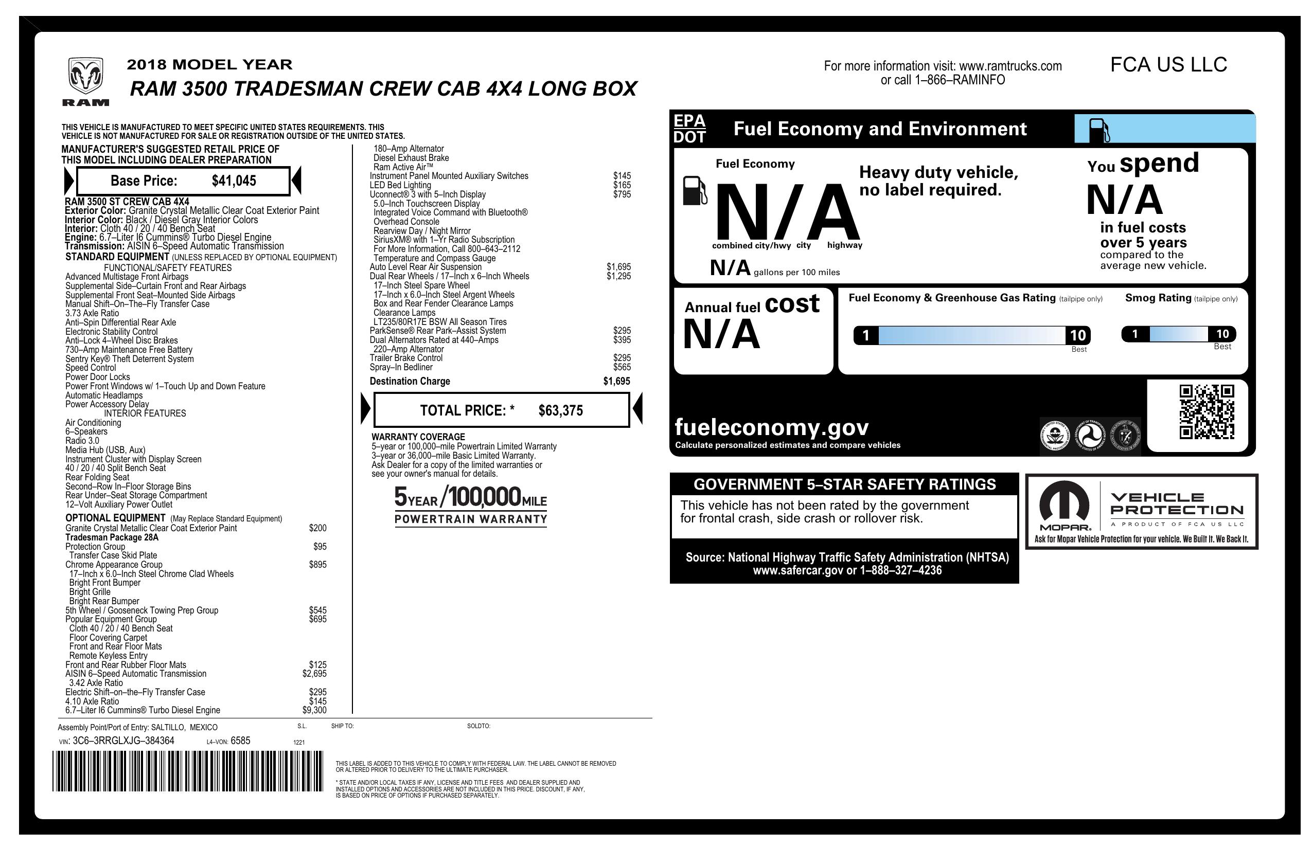 Window Sticker for 2018 Ram 3500 Tradesman 4x4 Crew Cab 8' Box