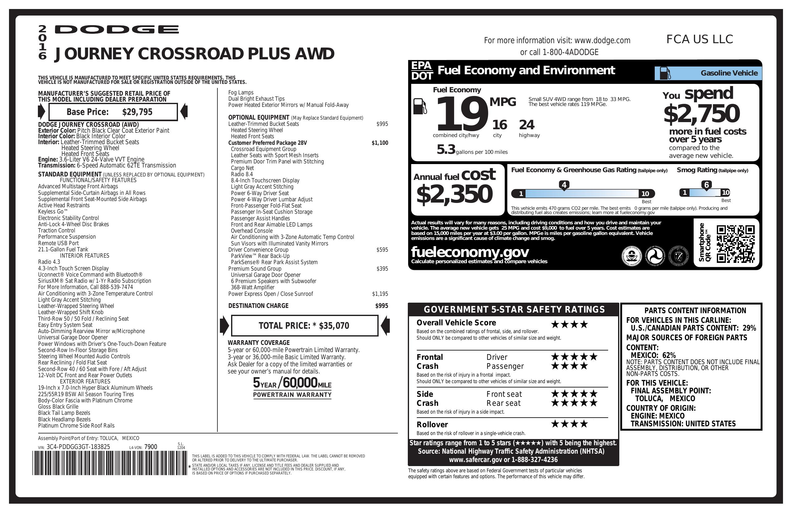 Window Sticker for 2016 Dodge Journey Awd 4dr Crossroad Plus