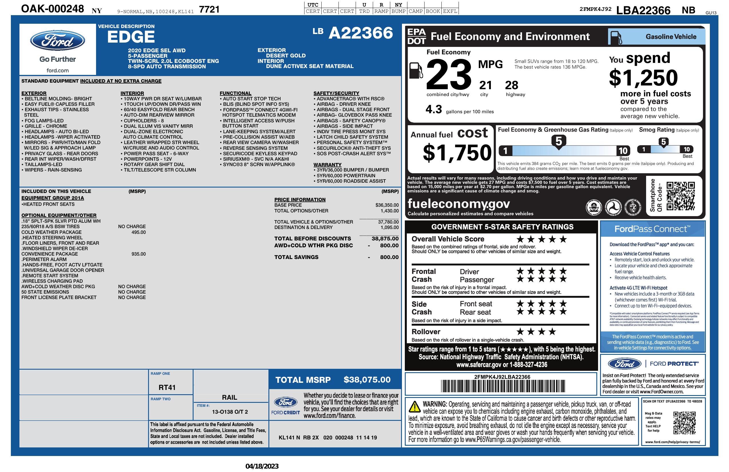 Window Sticker for 2020 Ford Edge Awd