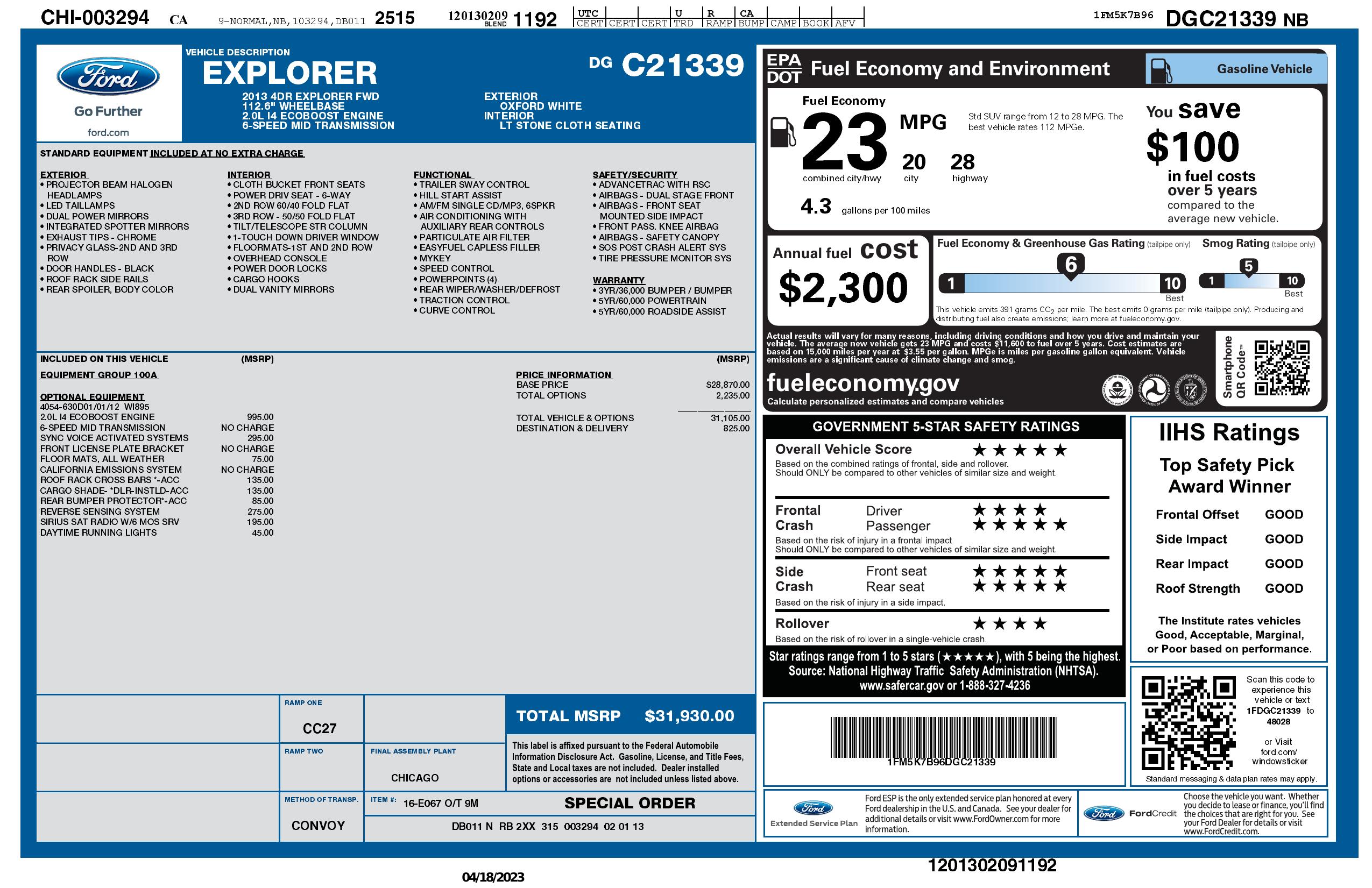 Window Sticker for 2013 Ford Explorer Fwd 4dr Base