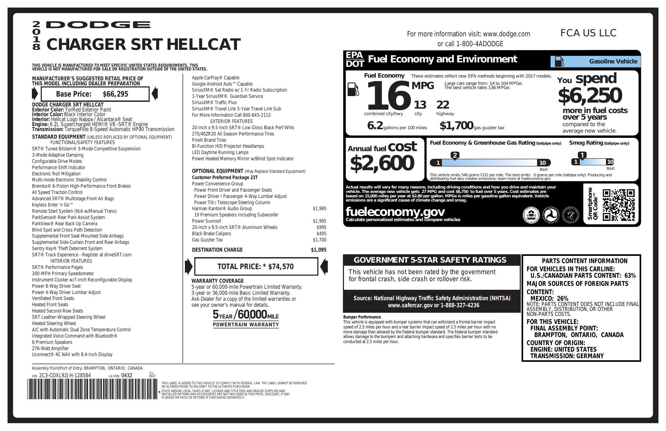 Window Sticker for 2018 Dodge Charger Srt Hellcat Rwd