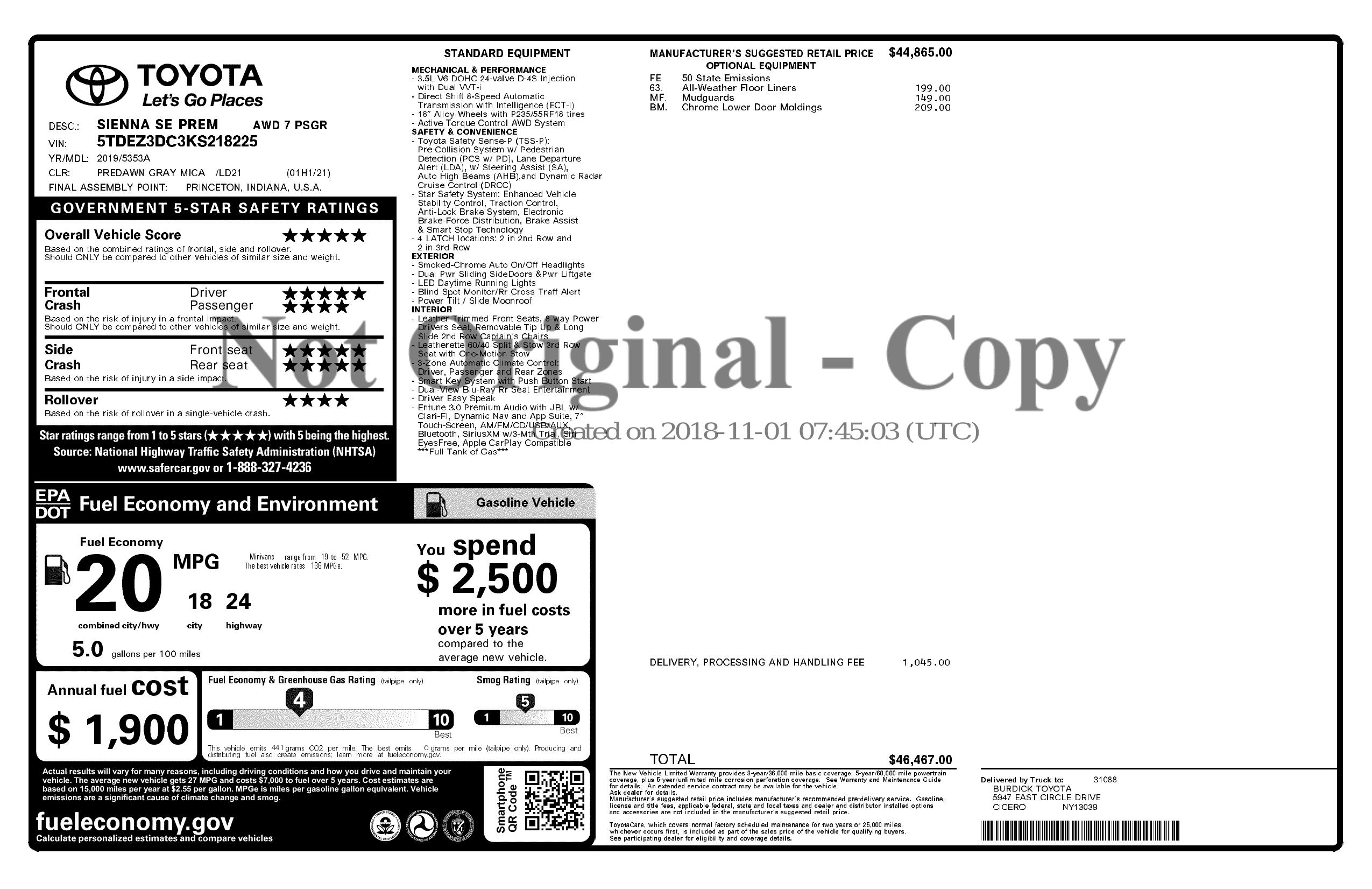 Window Sticker for 2019 Toyota Sienna Se Awd 7 Passenger (Natl)