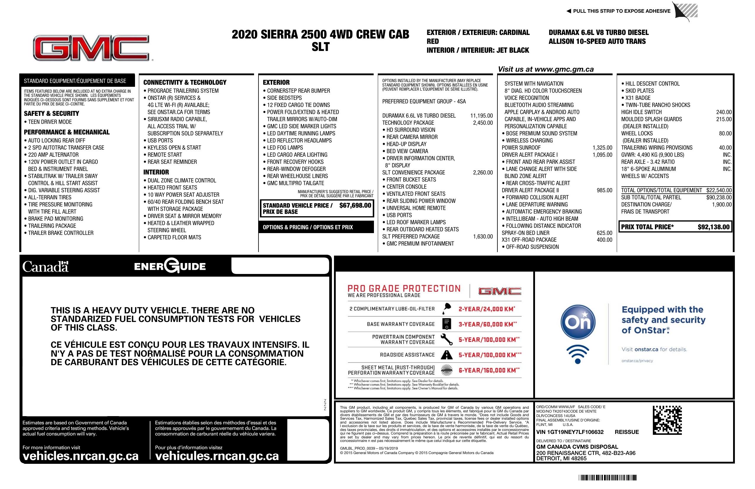 Window Sticker for 2020 GMC Sierra 2500 Hd 4 Wd Crew Cab Slt