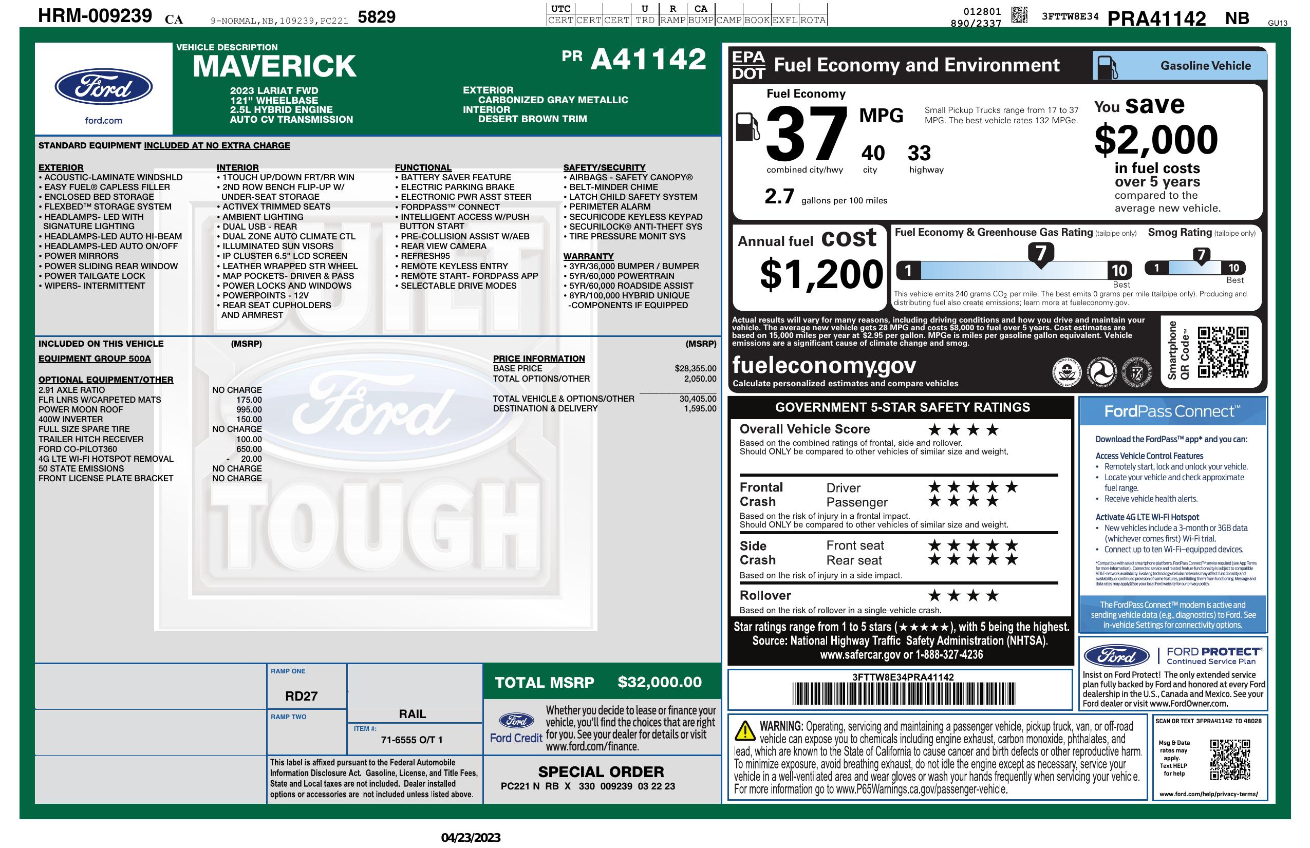 Window Sticker for 2023 Ford Maverick Fwd Super Crew