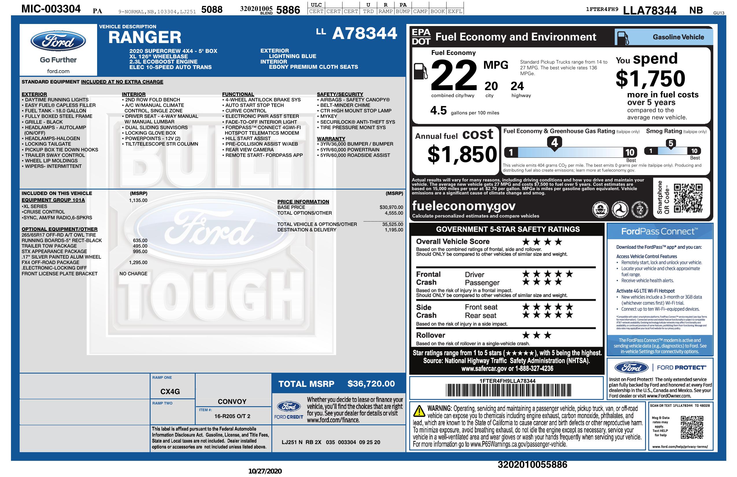 Window Sticker for 2020 Ford Ranger 4 Wd Super Crew 5' Box