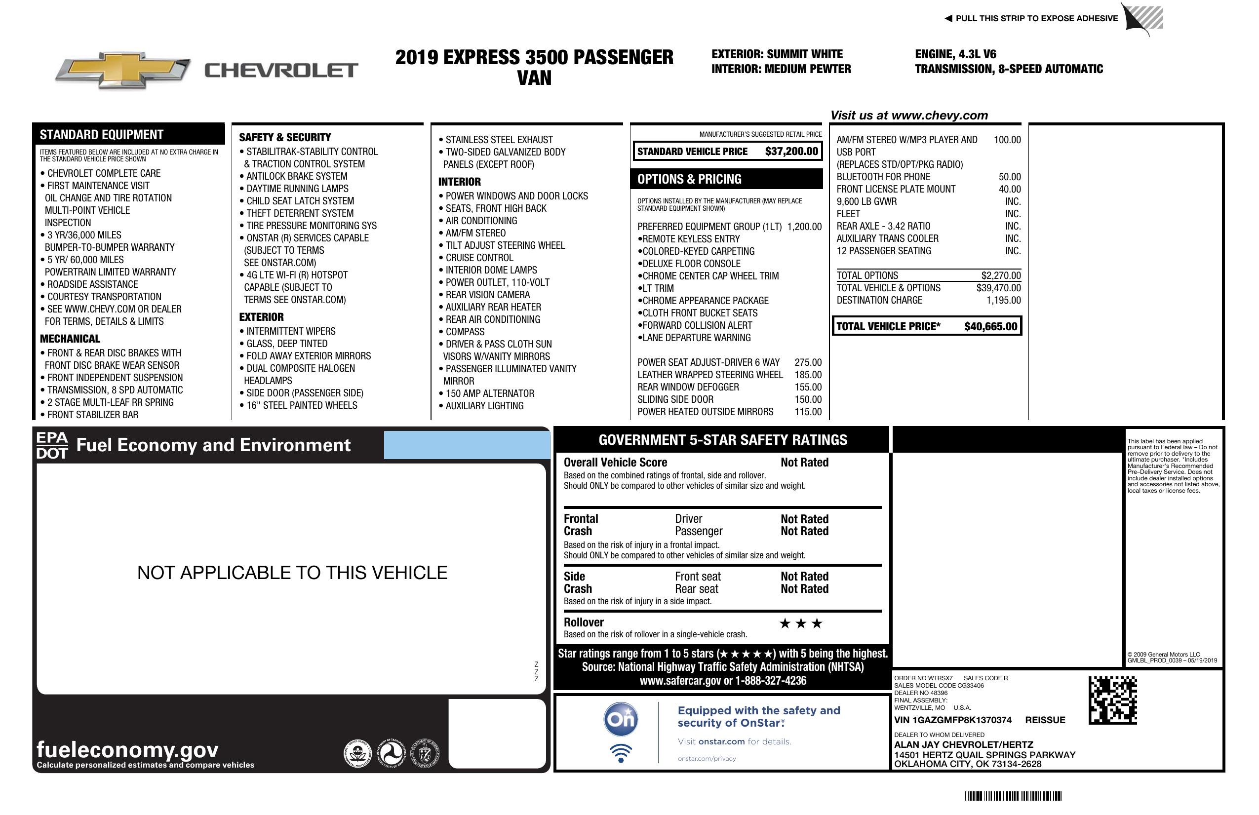 Window Sticker for 2019 Chevrolet Express Passenger Rwd 3500 135" Lt