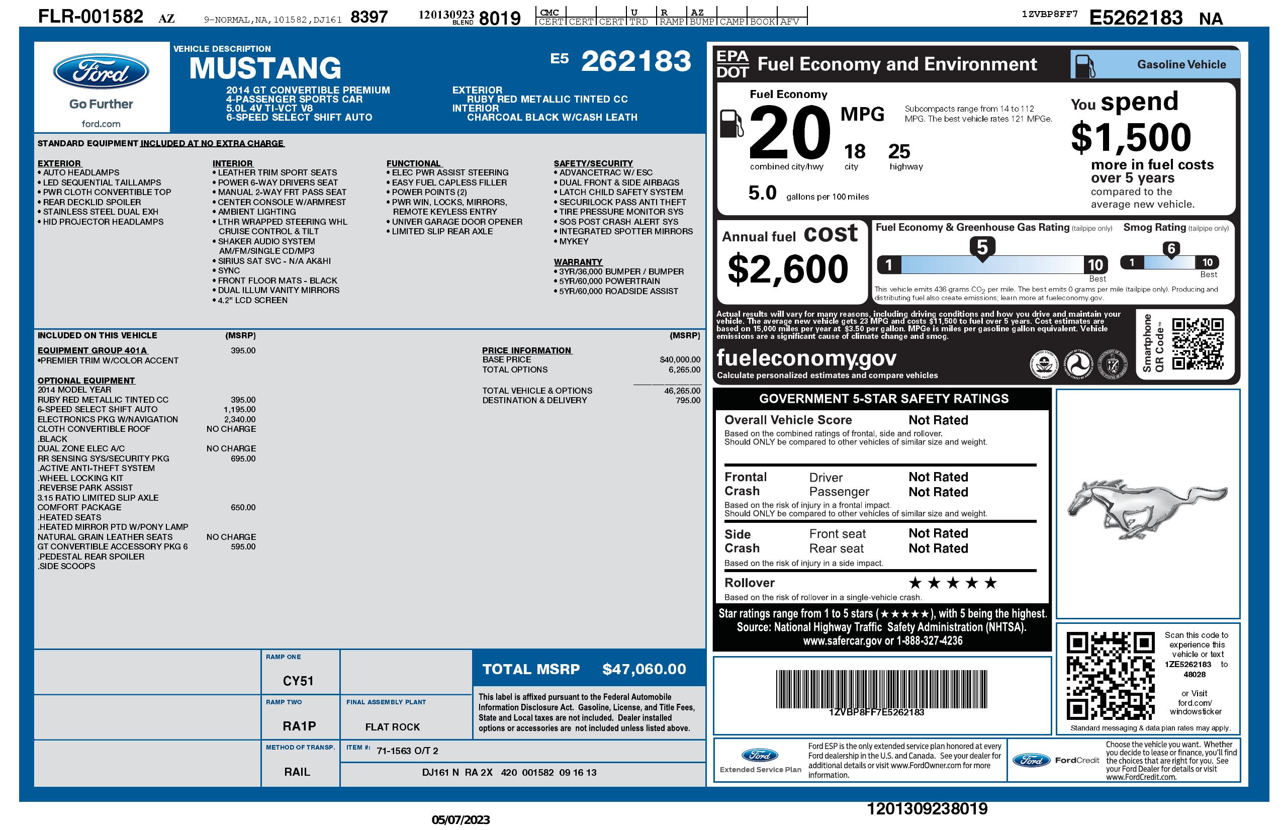 Window Sticker for 2014 Ford Mustang 2dr Conv Gt