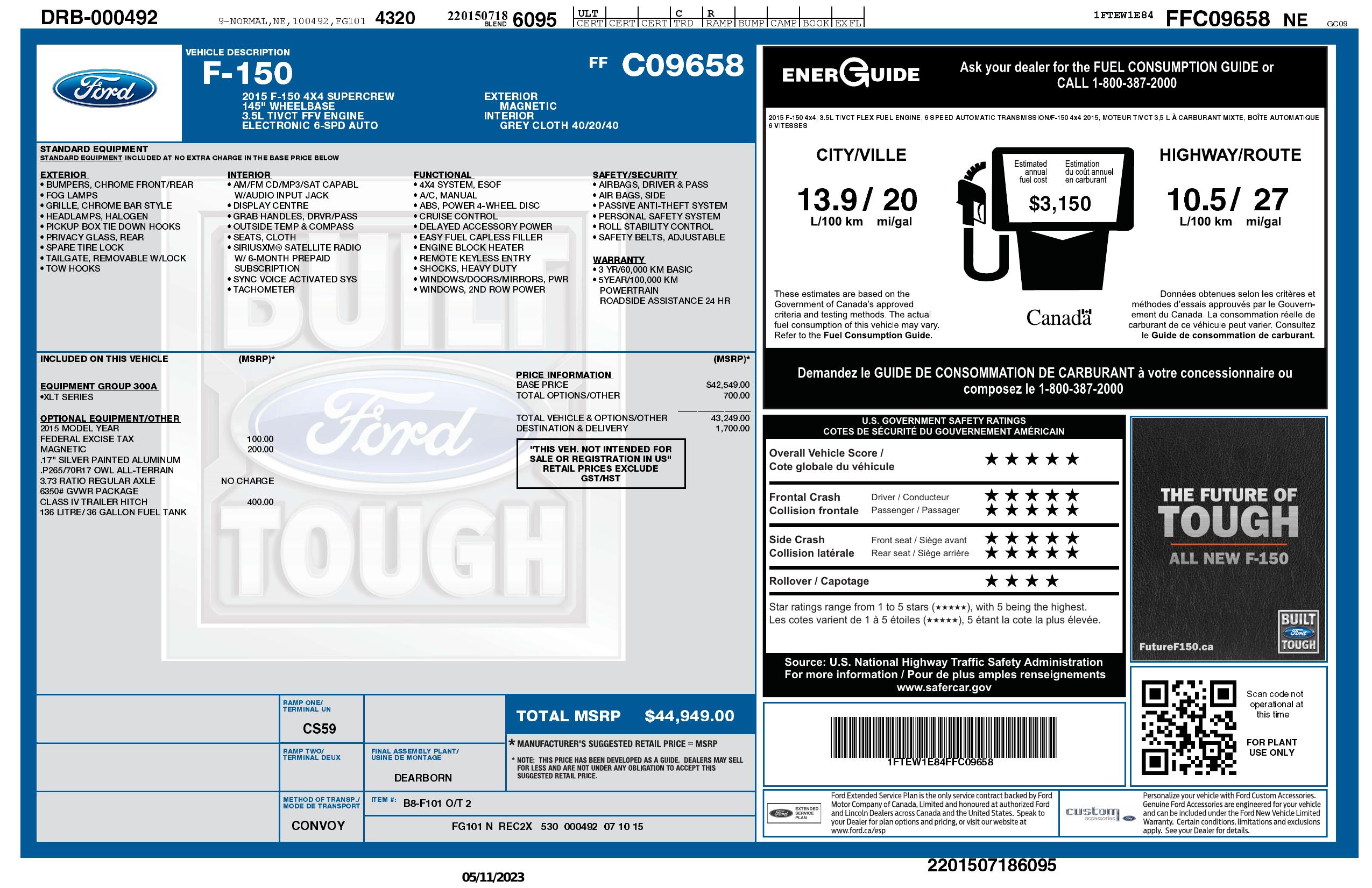 Window Sticker for 2015 Ford F 150 4 Wd Super Crew 145"