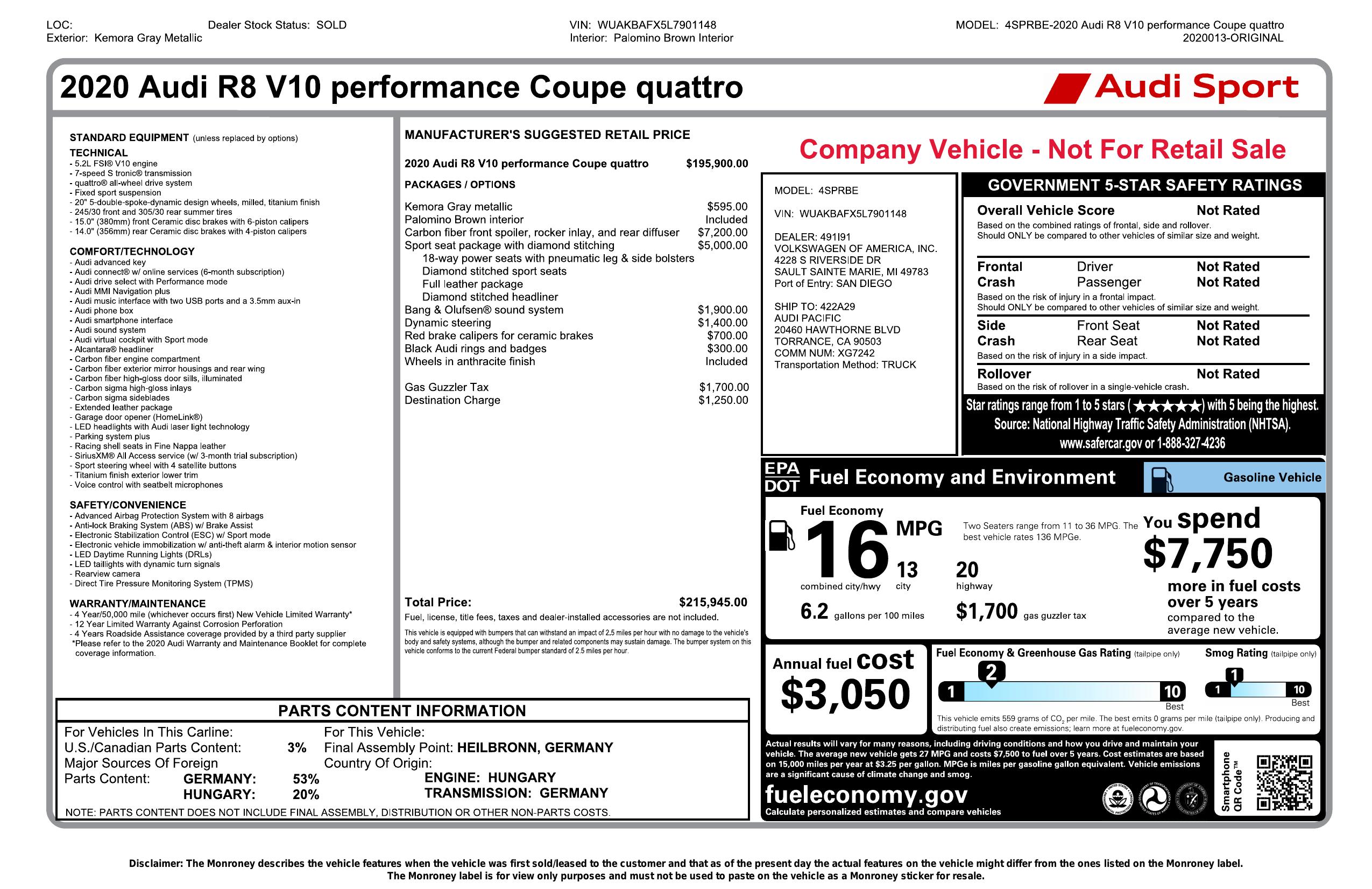 Window Sticker for 2020 Audi R8 Coupe V10 Performance Quattro