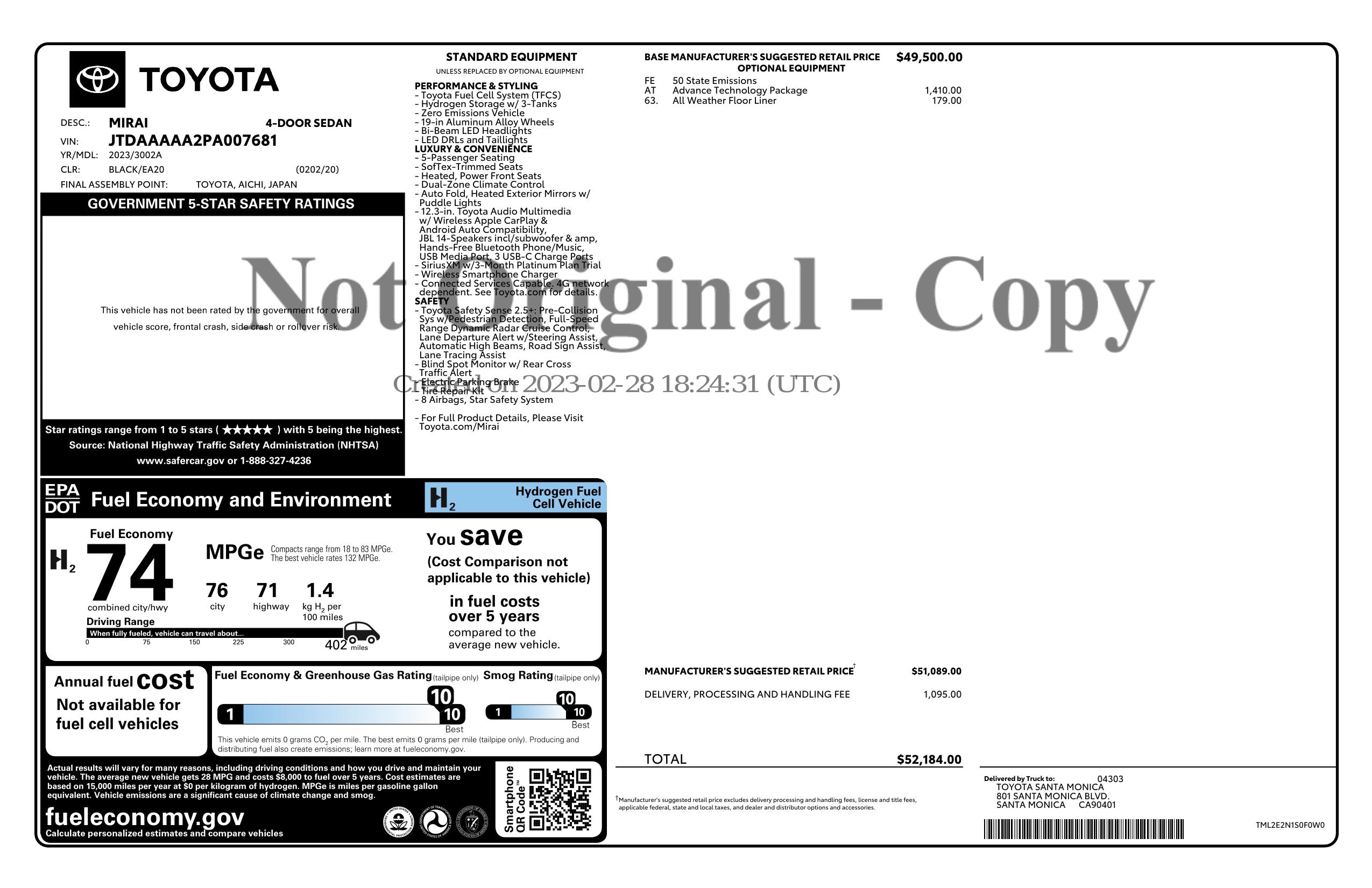 Window Sticker for 2023 Toyota Mirai Sedan