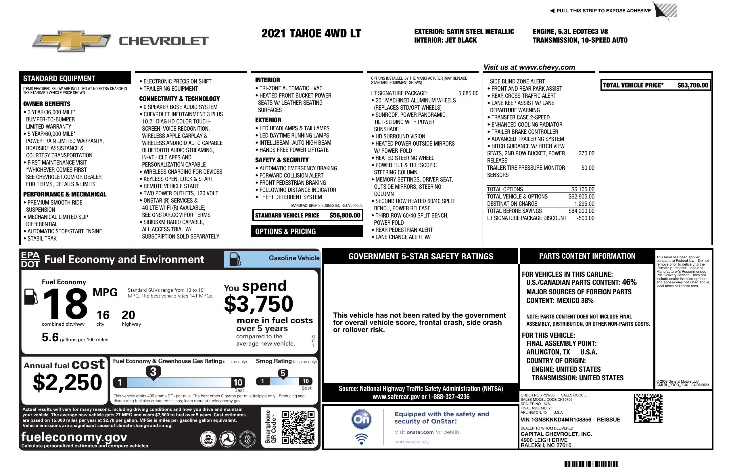 Window Sticker for 2021 Chevrolet Tahoe 4 Wd 4dr Lt