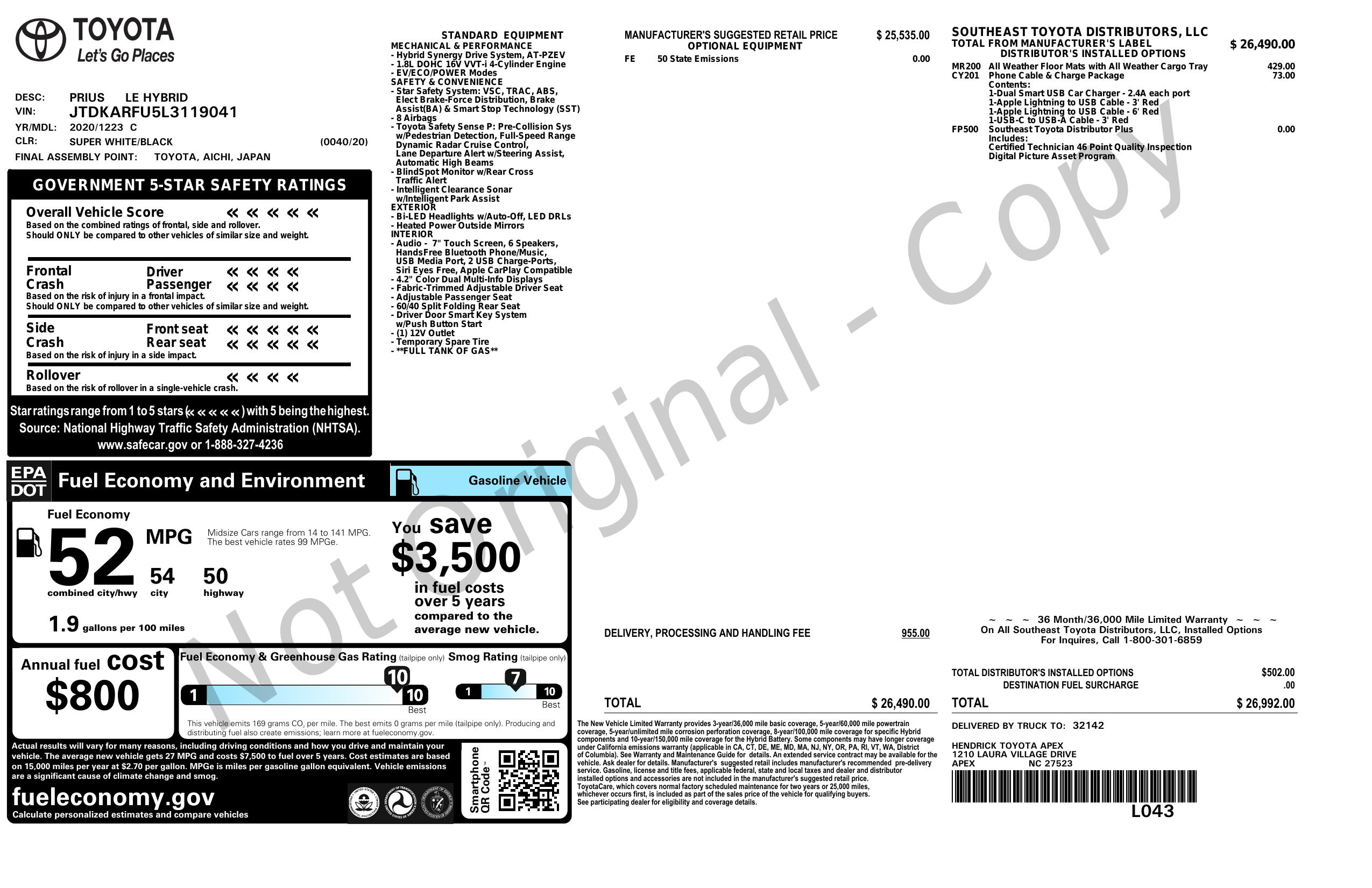 Window Sticker for 2020 Toyota Prius (Natl)