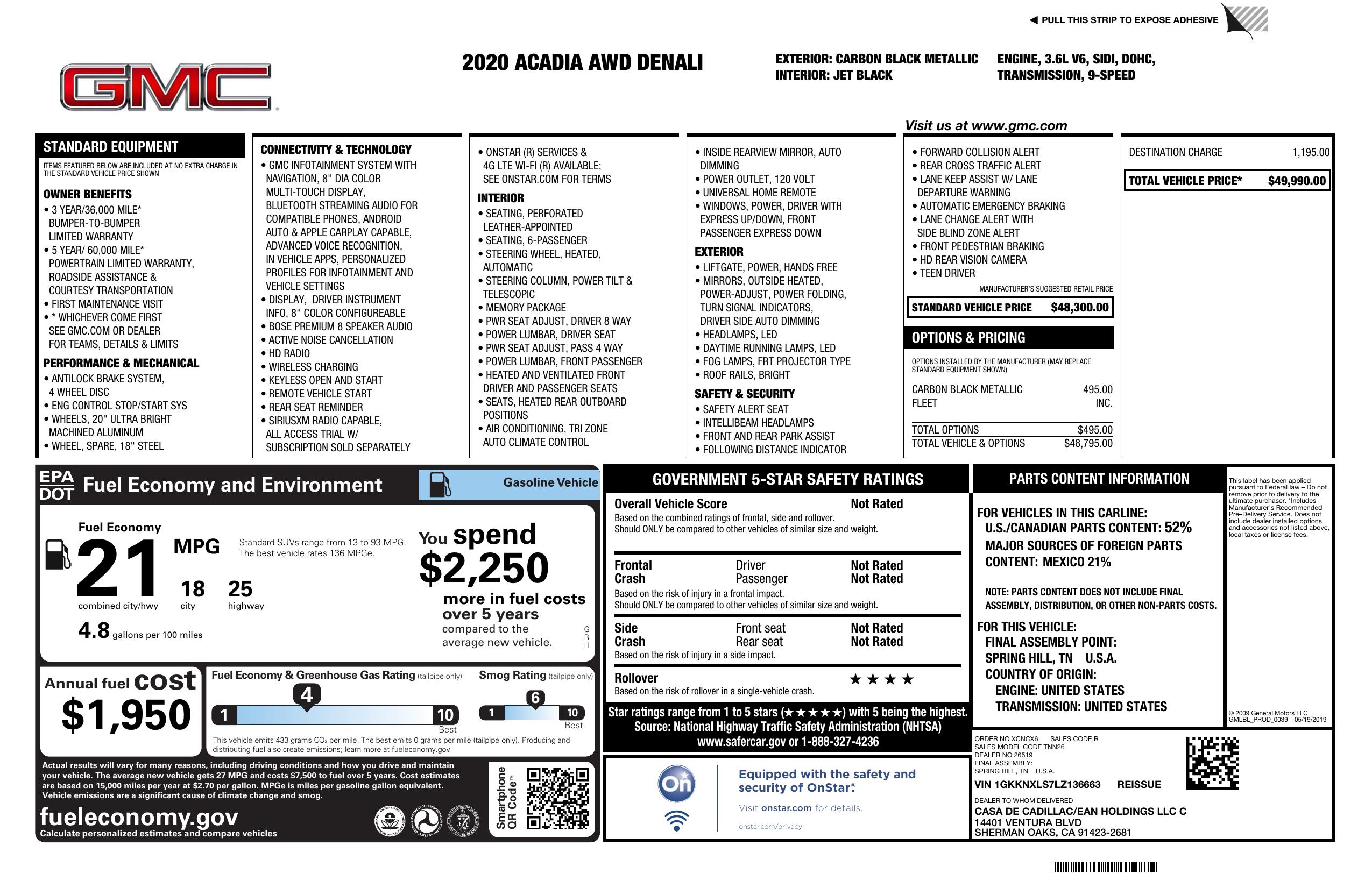 Window Sticker for 2020 GMC Acadia Awd 4dr Denali