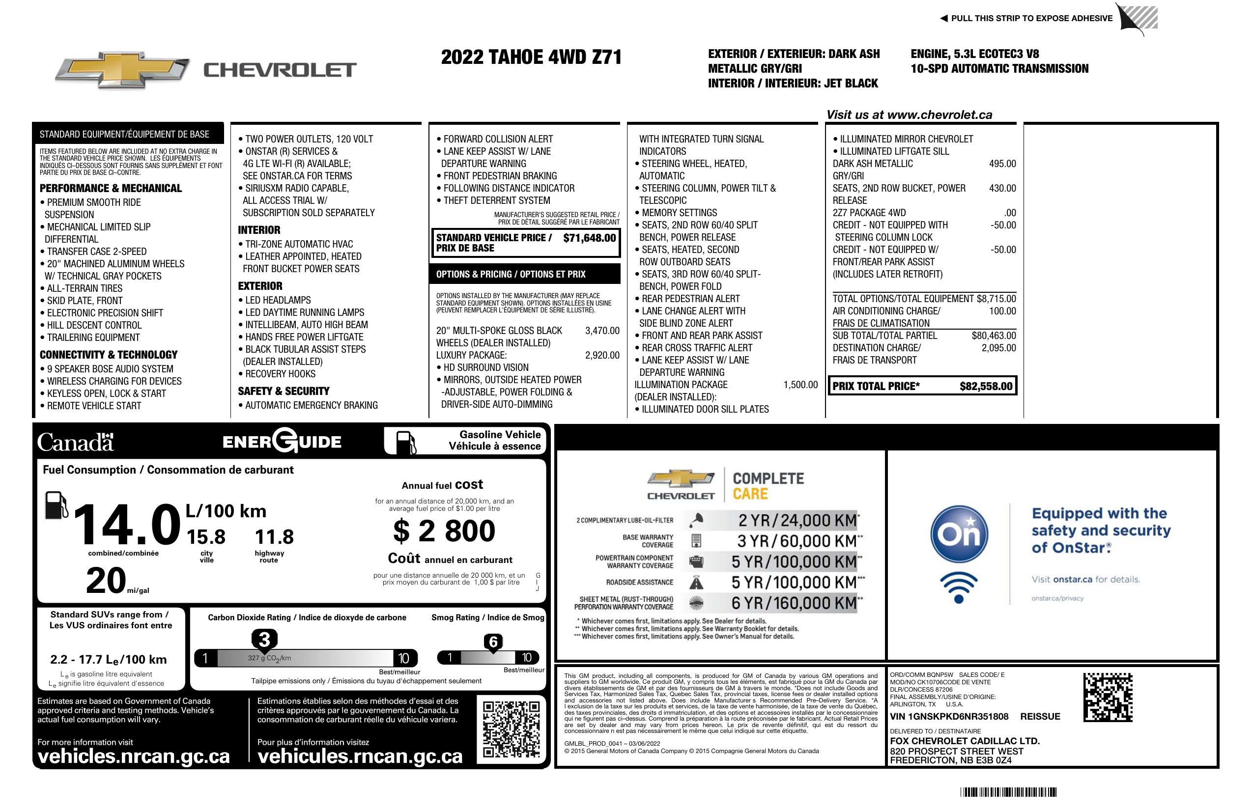 Window Sticker for 2022 Chevrolet Tahoe 4 Wd 4dr Z71