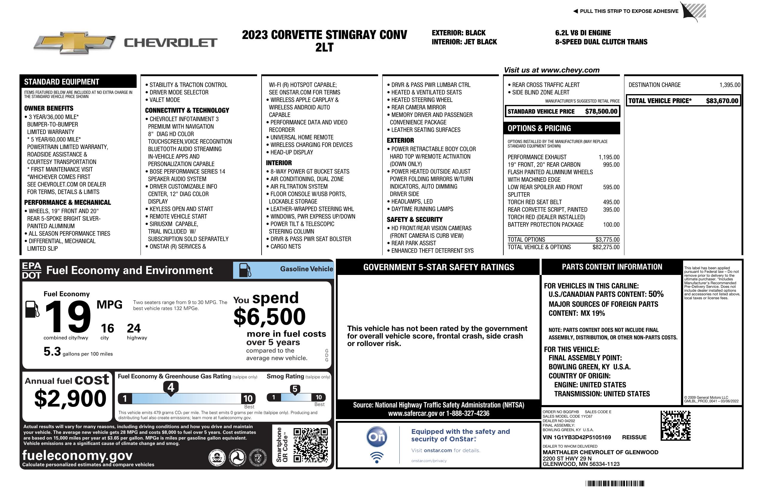 Window Sticker for 2023 Chevrolet Corvette 2dr Stingray Conv W/2 Lt