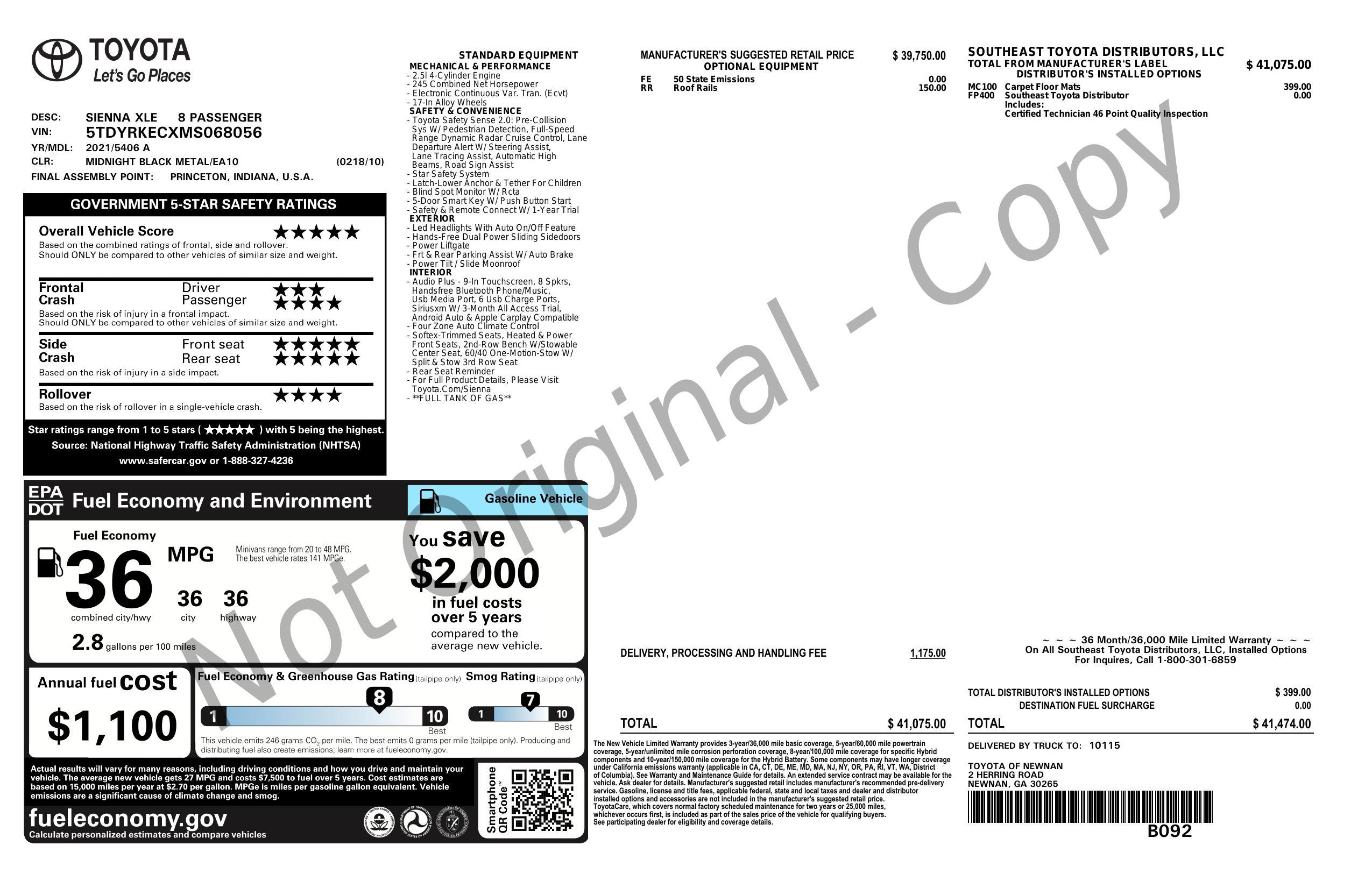 Window Sticker for 2021 Toyota Sienna Xle Fwd (Natl)