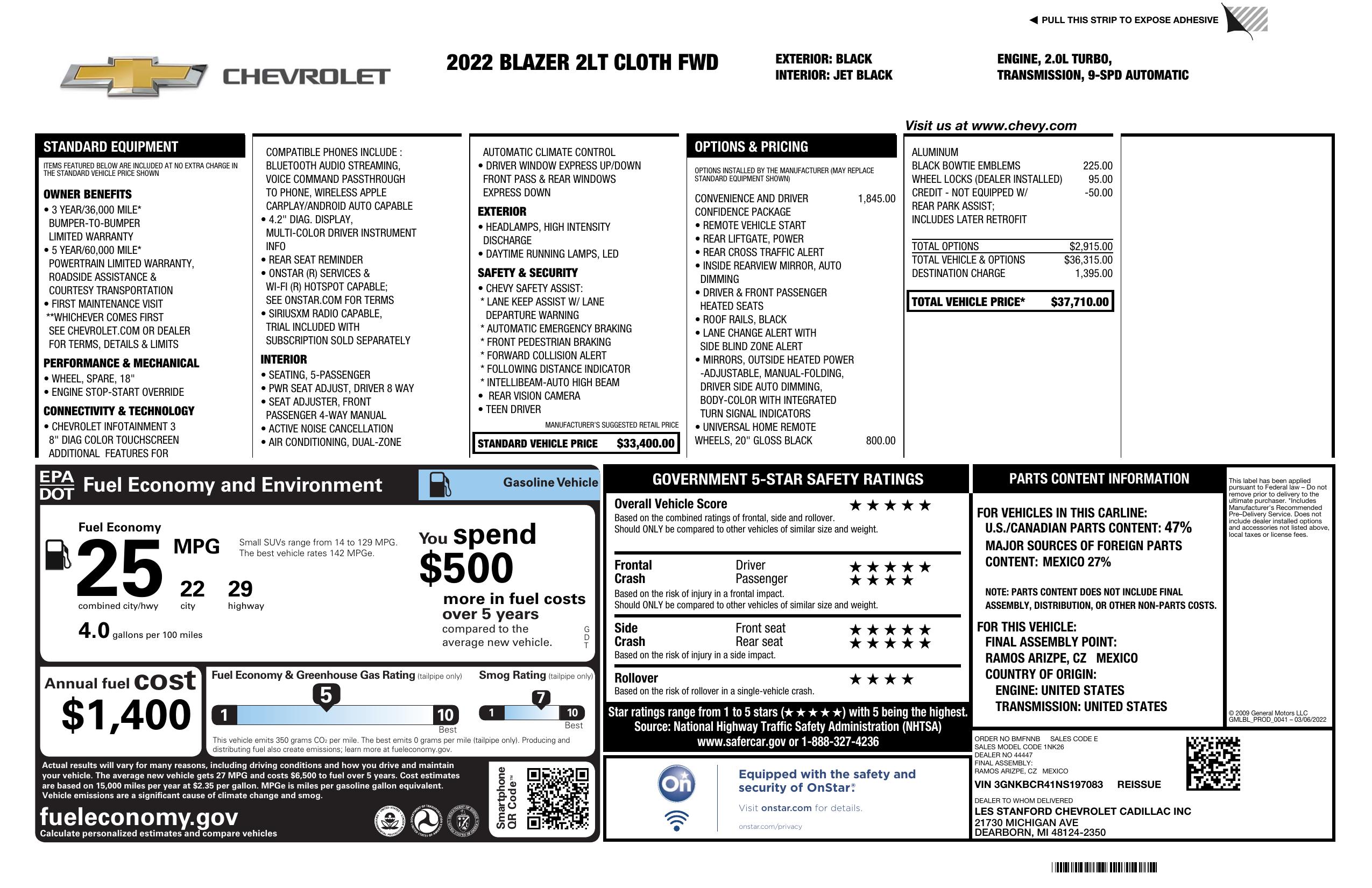 Window Sticker for 2022 Chevrolet Blazer Fwd 4dr Lt W/2 Lt